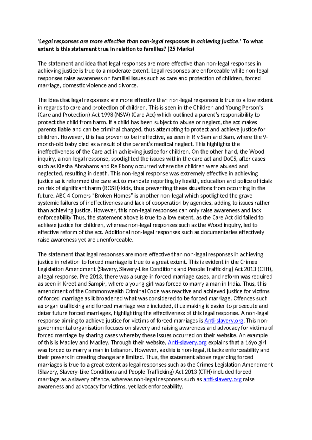 Family Law: Legal v Non Legal Responses Essay - ‘Legal responses are ...