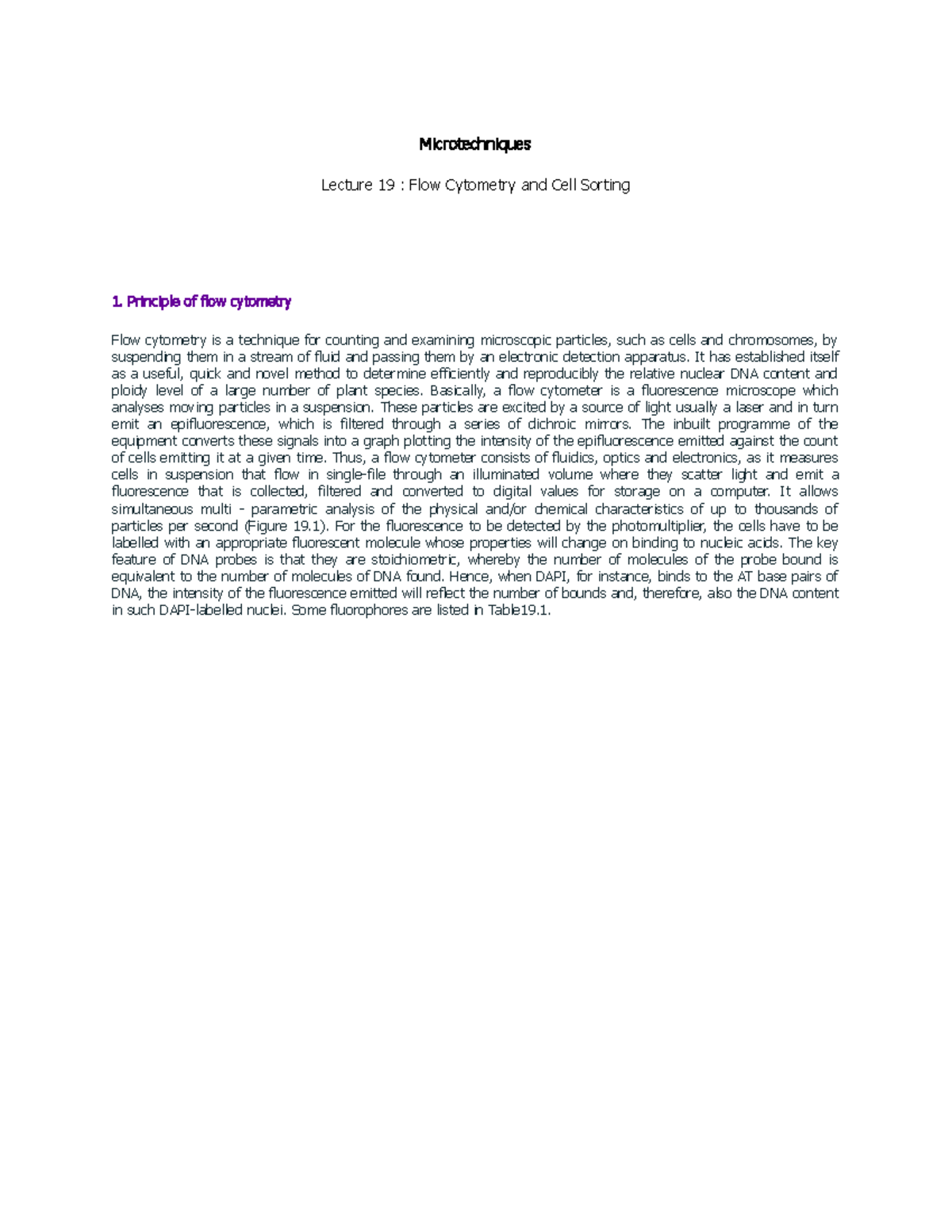 Lecture 19 - Flow Cytometry and Cell Sorting - Microtechniques Lecture 19 : Flow Cytometry and ...