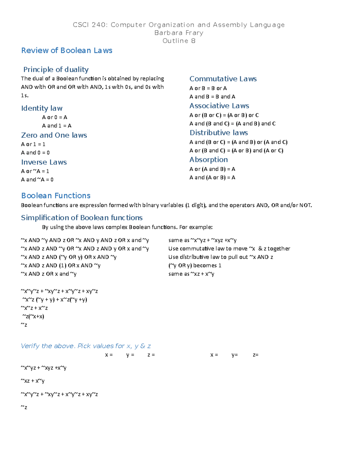CS 240 Outline 08 Review of Boolean Laws - CSCI 240: Computer Organization and Assembly Language ...