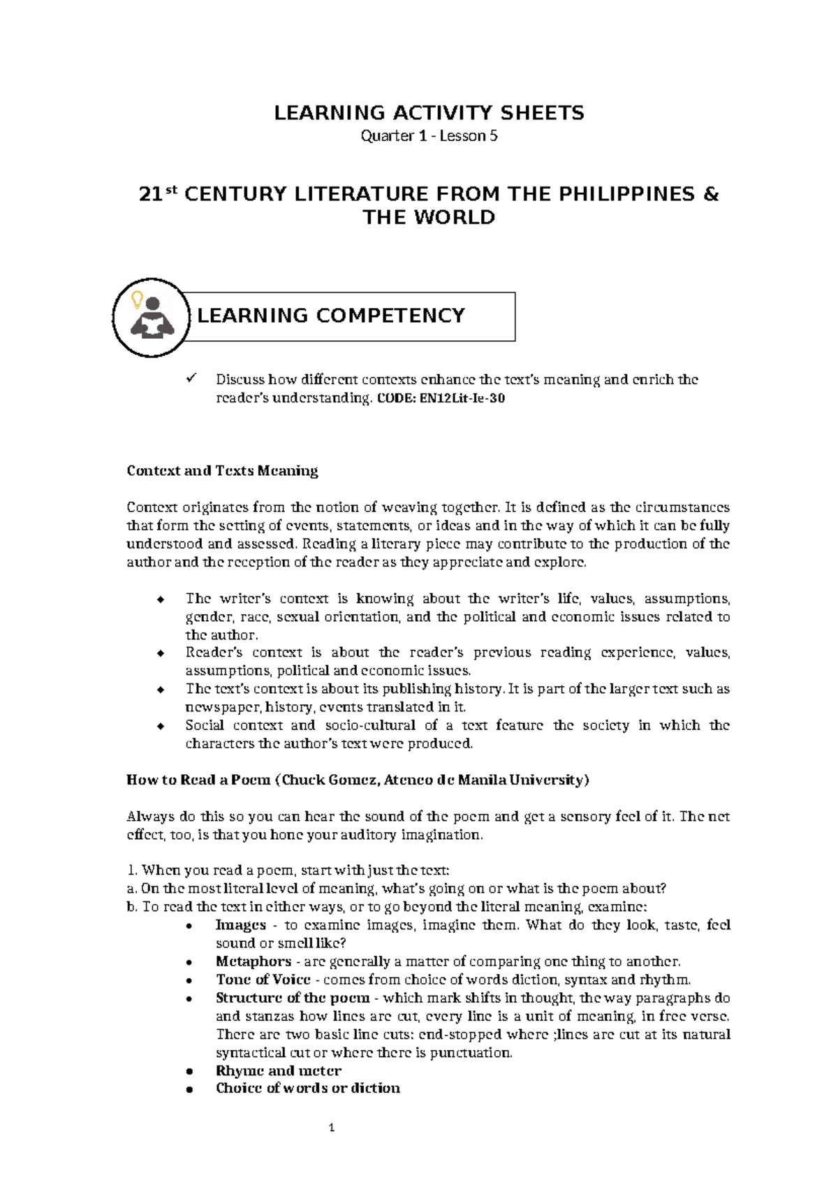 Module 2 Lesson 3 LAS Week7 - LEARNING ACTIVITY SHEETS Quarter 1 - Lesson 5 21 st CENTURY ...