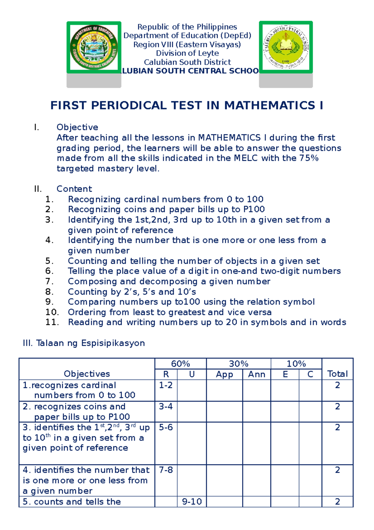 First Summative Test in Math 1 Dignos - Republic of the Philippines ...