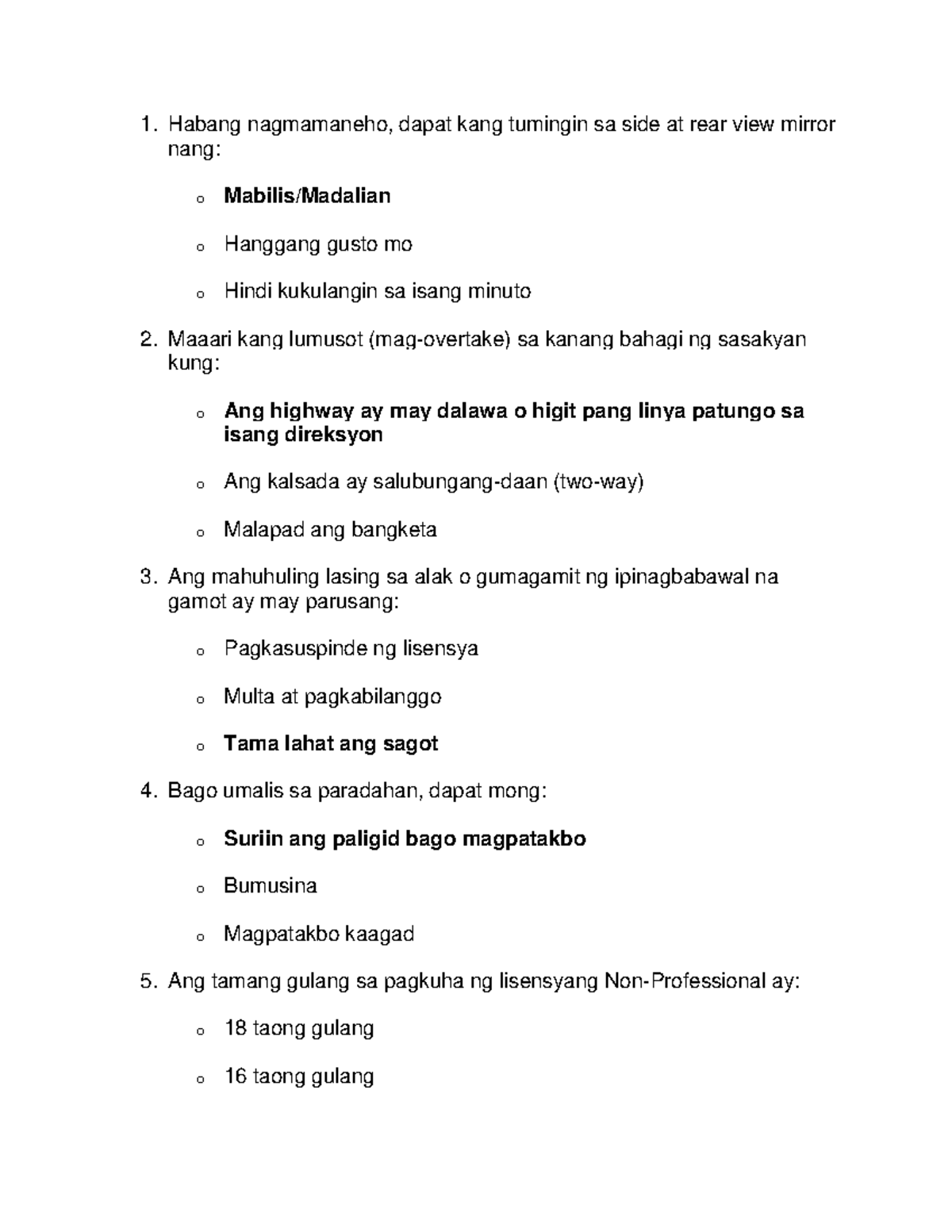LTO Reviewer - WEW - 1. Habang nagmamaneho, dapat kang tumingin sa side ...