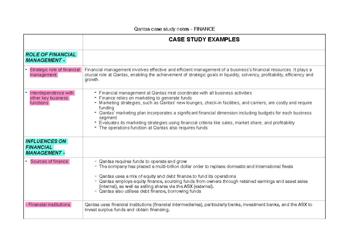 Qantas CASE Study - finance - Qantas case study notes - FINANCE CASE ...