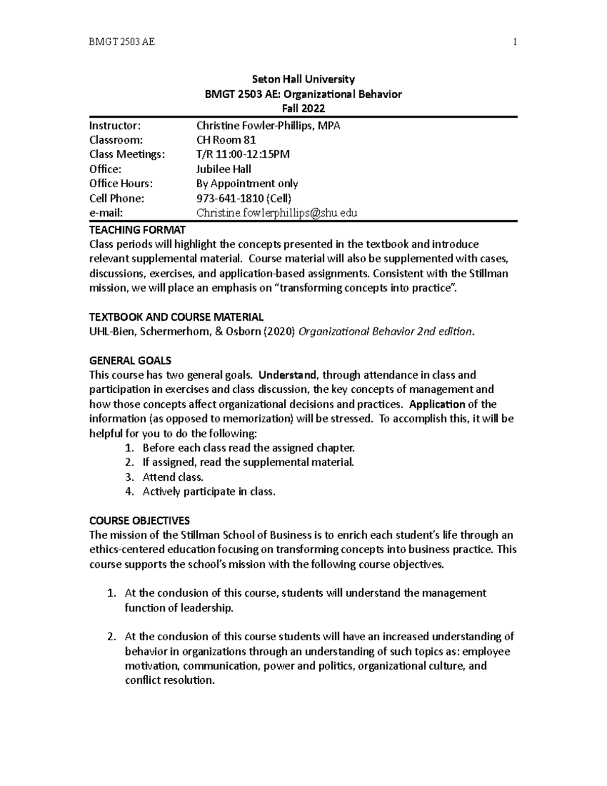 Fall 2022 BMGT 2503 AE Organizational Behavior Syllabus[ 5947] - Seton ...