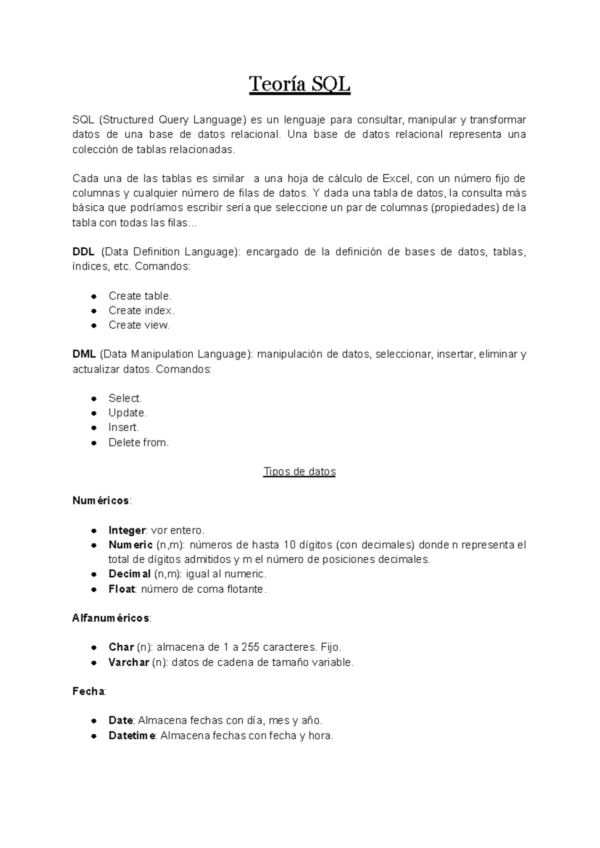 Teoría SQL - Apuntes - Teoría SQL SQL (Structured Query Language) es un ...