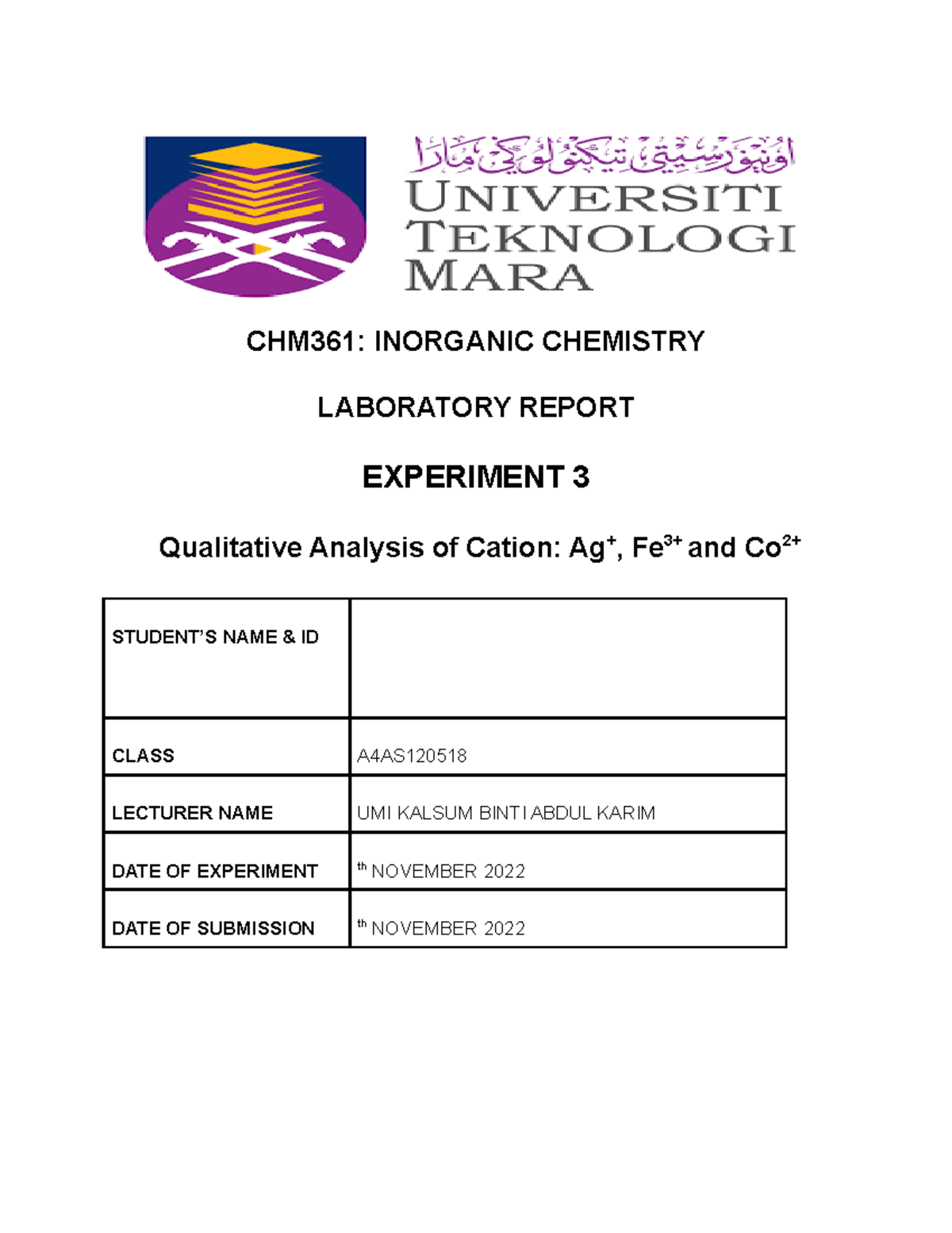 CHM361 - EXP 2 - CHM361: INORGANIC CHEMISTRY LABORATORY REPORT ...