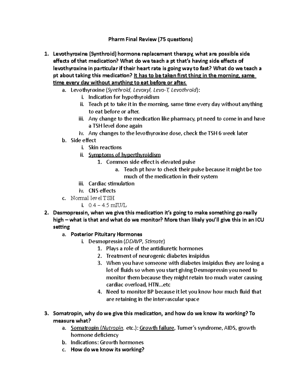 Pharm Final Review (75 questions)-1 - Levothyroxine (Synthroid) hormone ...