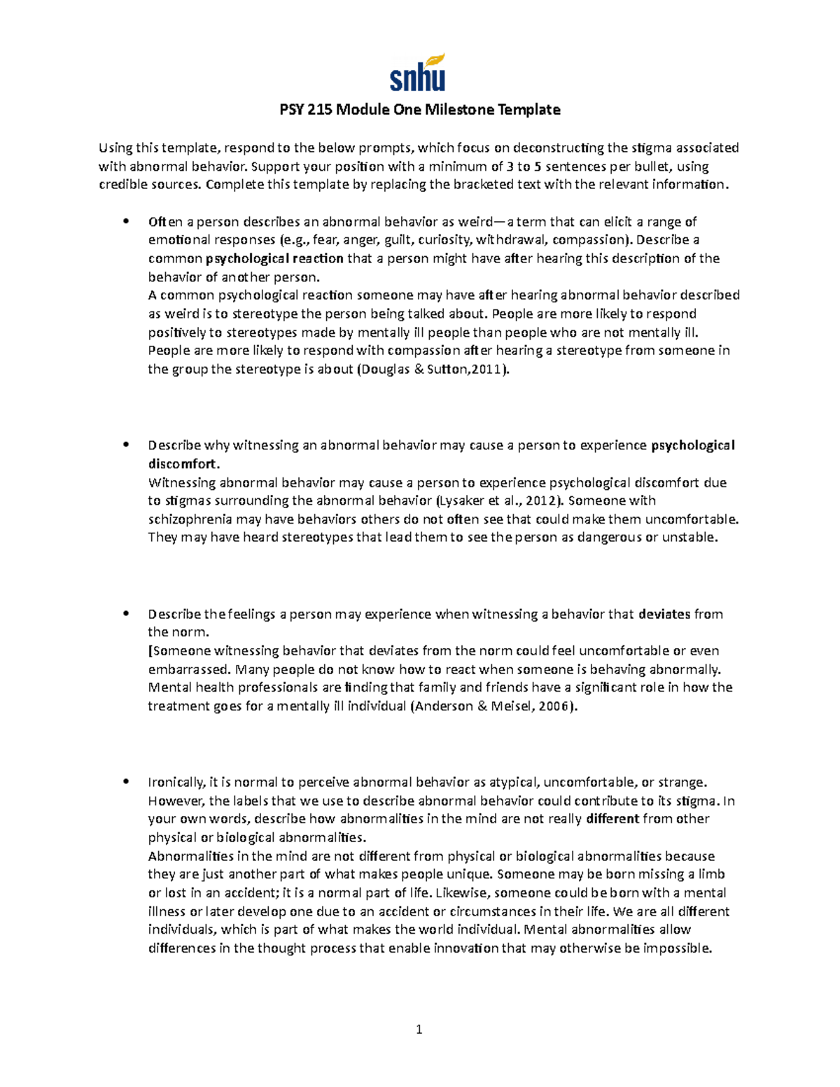 PSY 215 Module One Milestone Template - PSY 215 Module One Milestone ...