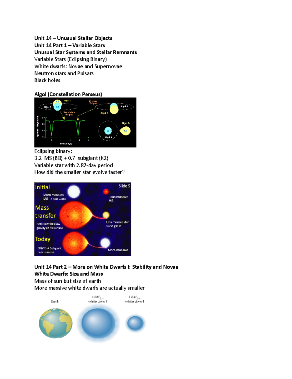 Unit 14 - Astronomy - notes for exam - Unit 14 – Unusual Stellar ...