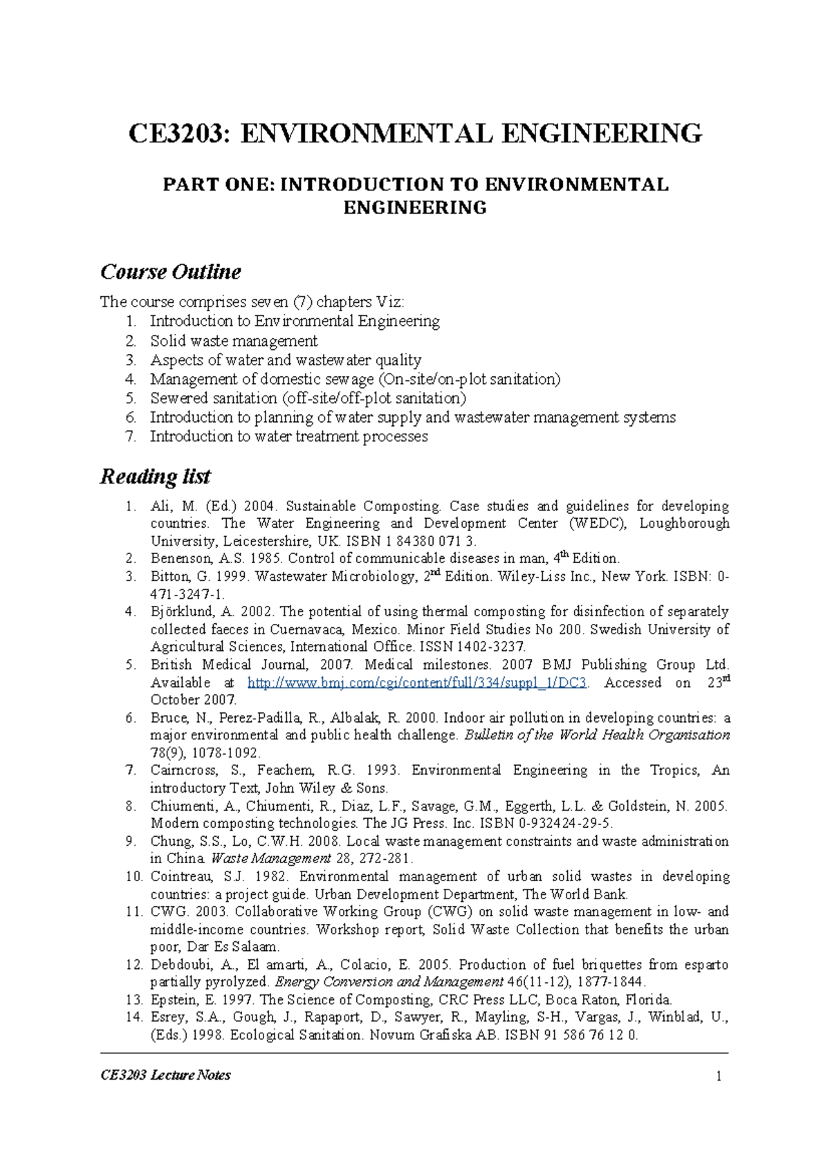 Chapter 1 - Introduction to Environmental Engineering - CE3203: ENVIRONMENTAL ENGINEERING PART ...