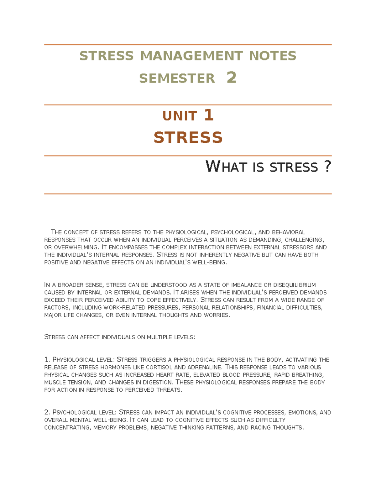 Stress Management Notes UNIT 1 & 2 & 3 - STRESS MANAGEMENT NOTES ...