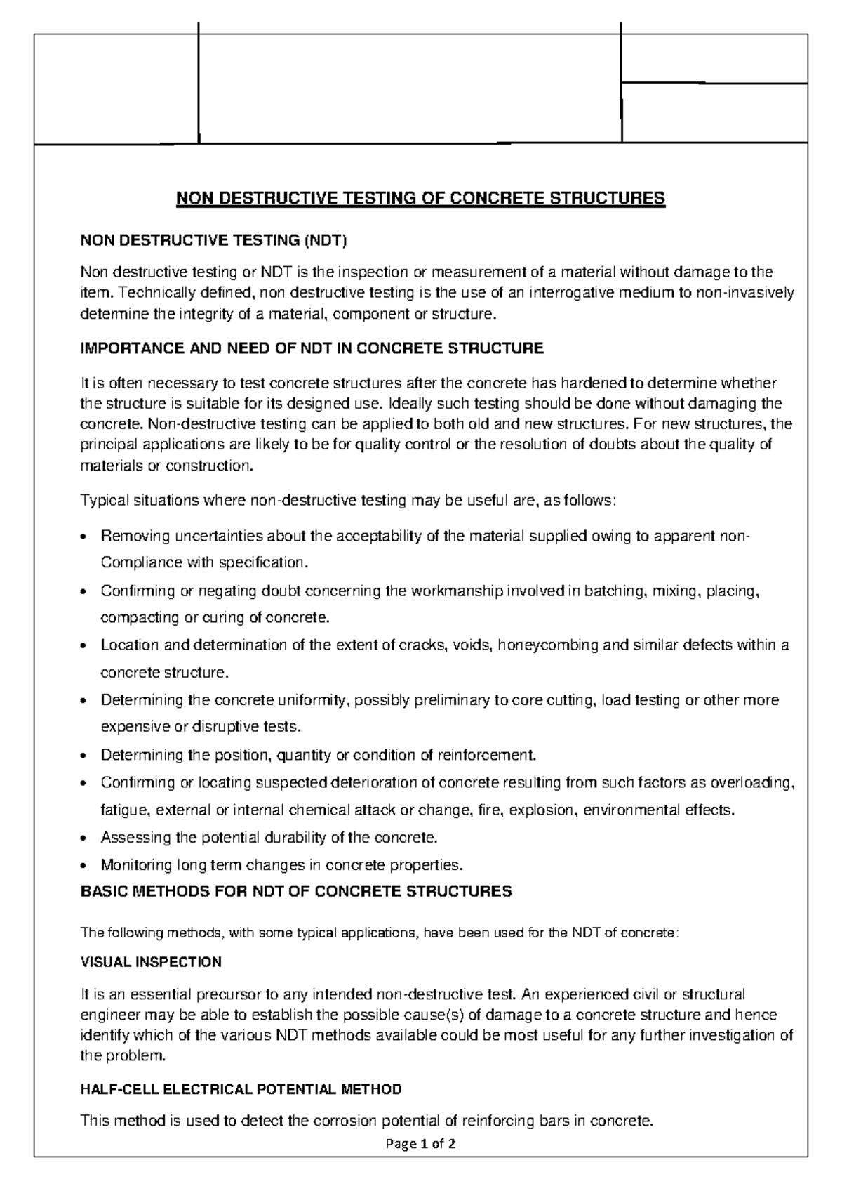 NDT Tests - NDT TEST - Page 1 of 2 NON DESTRUCTIVE TESTING OF CONCRETE ...