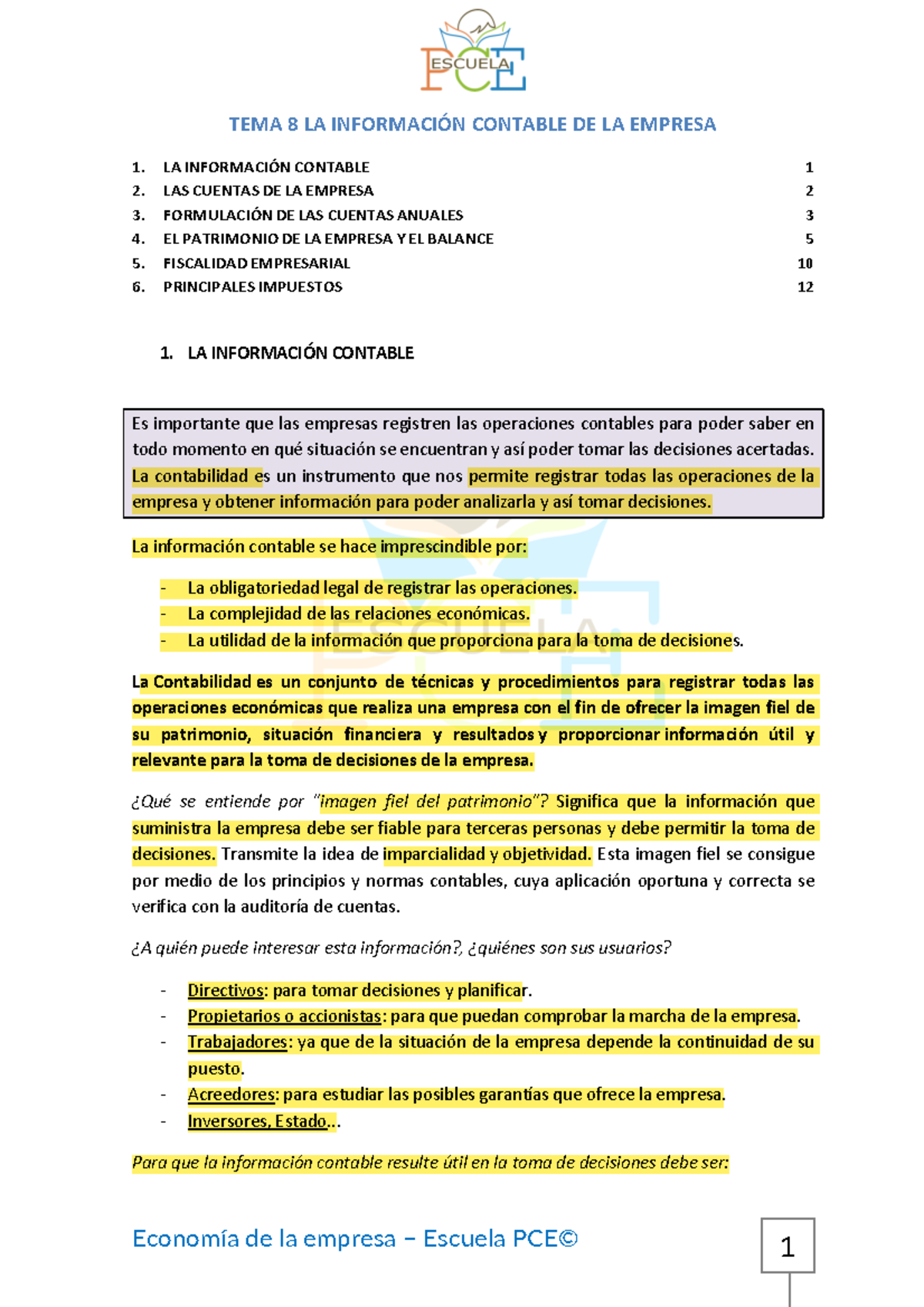 TEMA 8 LA InformacióN Contable EN LA Empresa - Economía de la empresa – Escuela PCE© TEMA 8 LA ...
