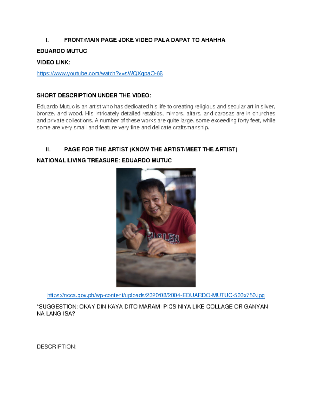 Eduardo Mutuc Information - I. FRONT/MAIN PAGE JOKE VIDEO PALA DAPAT TO ...