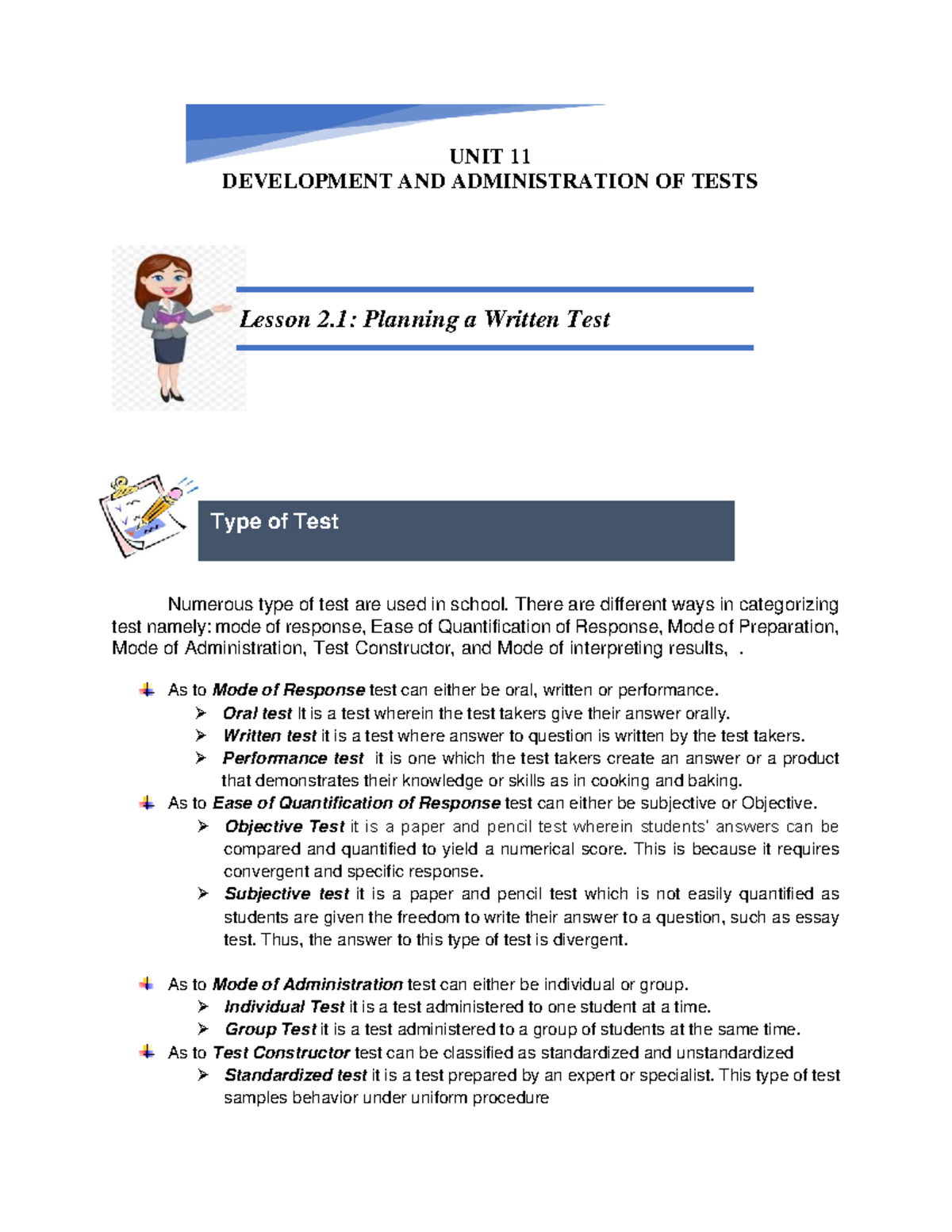 Lesson 2.1-Planning a written test - Numerous type of test are used in ...