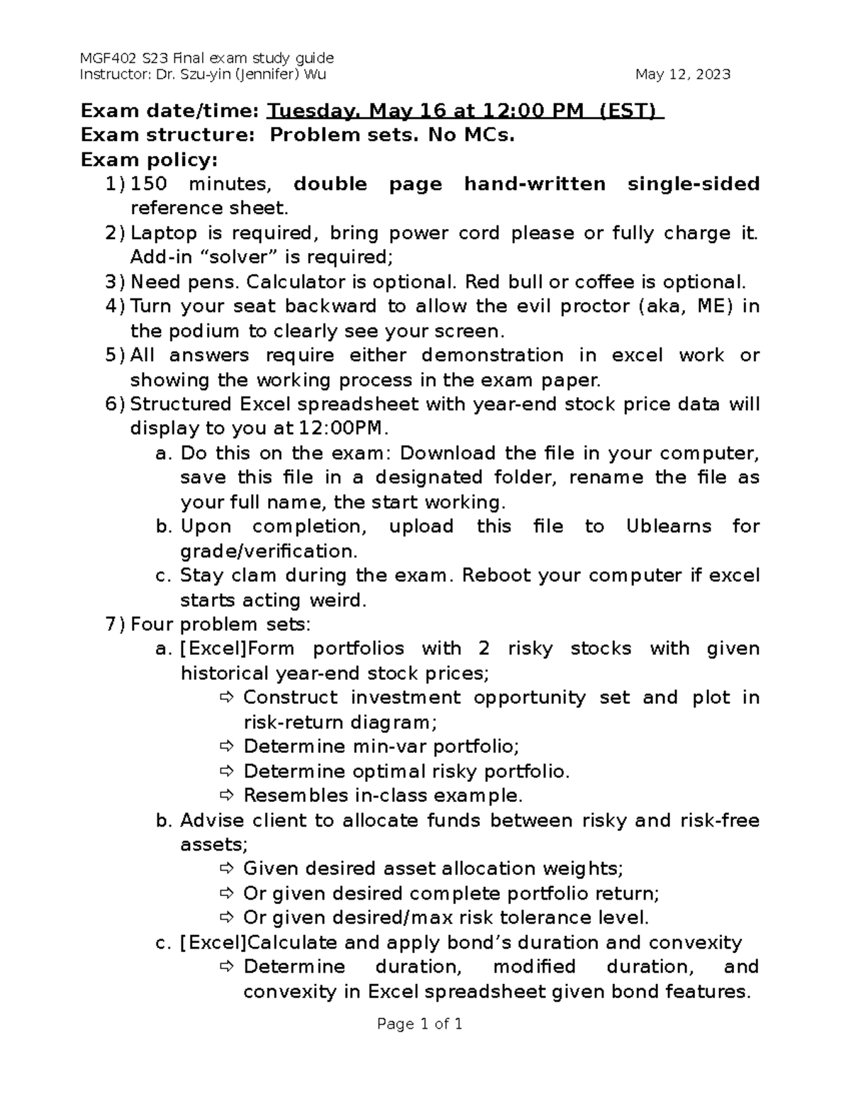 Final Exam Guidance - . - MGF402 S23 Final exam study guide Instructor ...