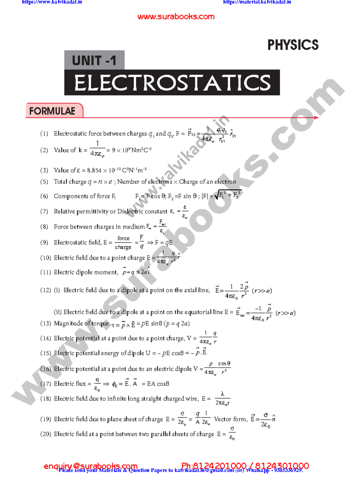 12th std Physics frequently asked questions - UNIT - ELECTROSTATICS FORMULAE (1) Electrostatic ...