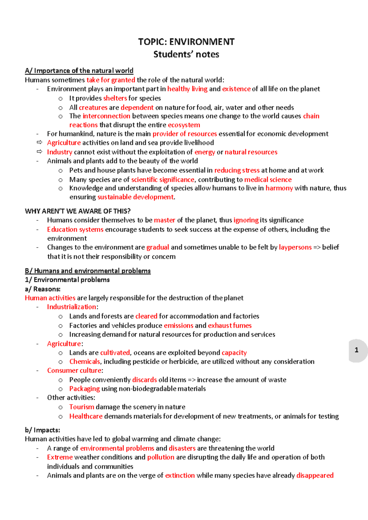 5 - Environment - Summary ielts topic - TOPIC: ENVIRONMENT Students ...