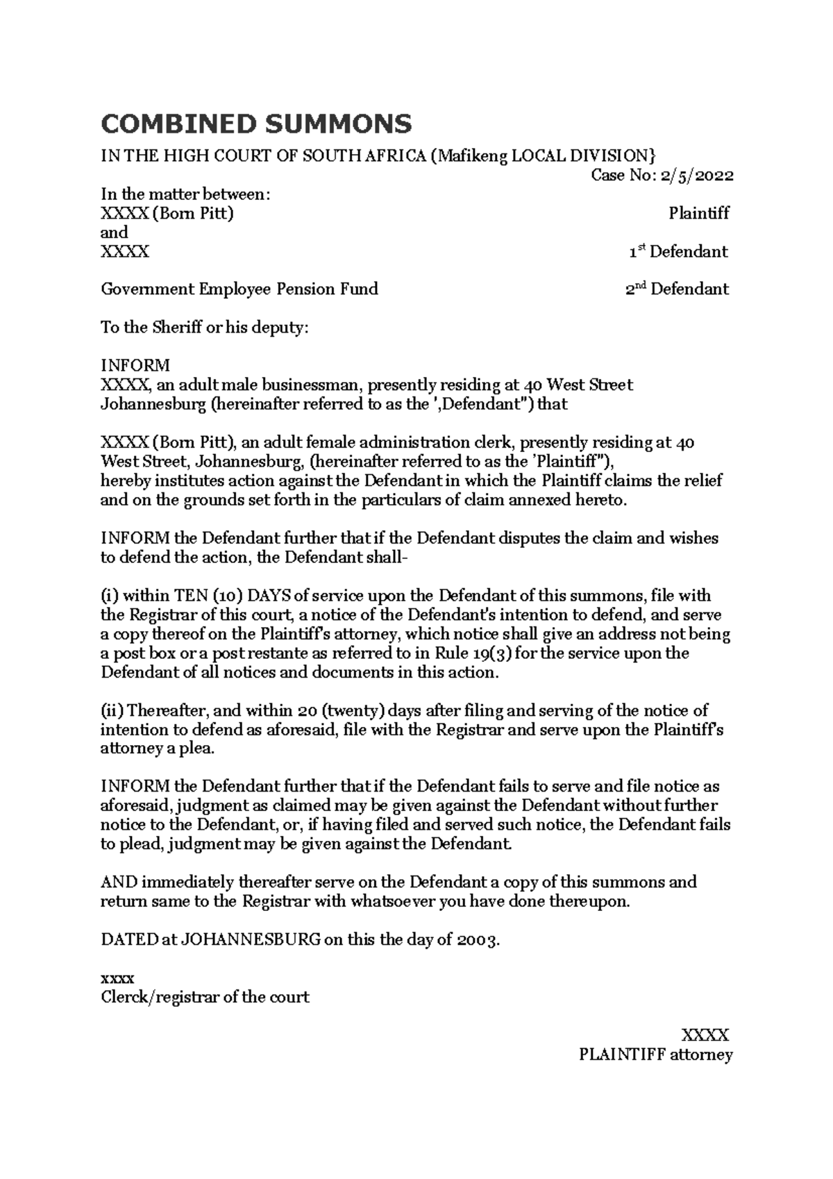 Combined summons - COMBINED SUMMONS IN THE HIGH COURT OF SOUTH AFRICA ...