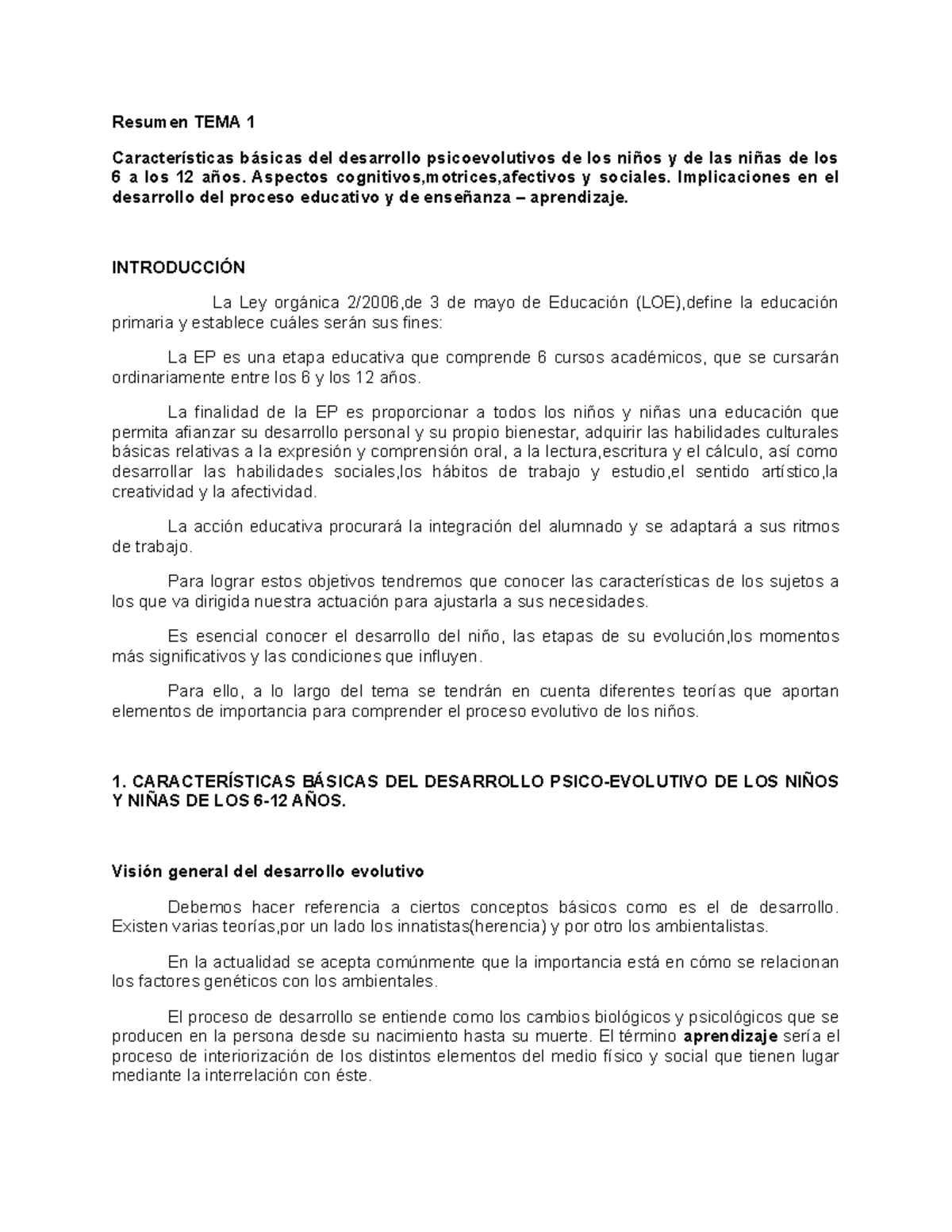 Resumen tema1 caracteristicas psicoevolutivas - Resumen TEMA 1 Características básicas del - Studocu