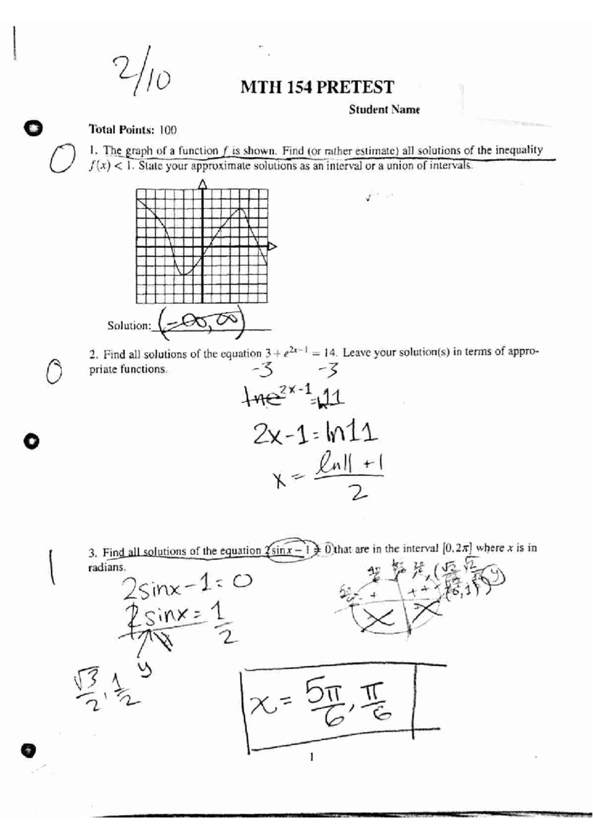 MTH 154 Pre-Test - MTH 154 PRETEST Student Name Total Points: 100 1 ...