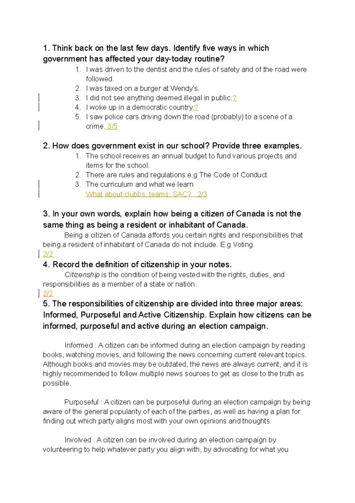 What are Government and Citizenship Answers - 1. Think back on the last ...