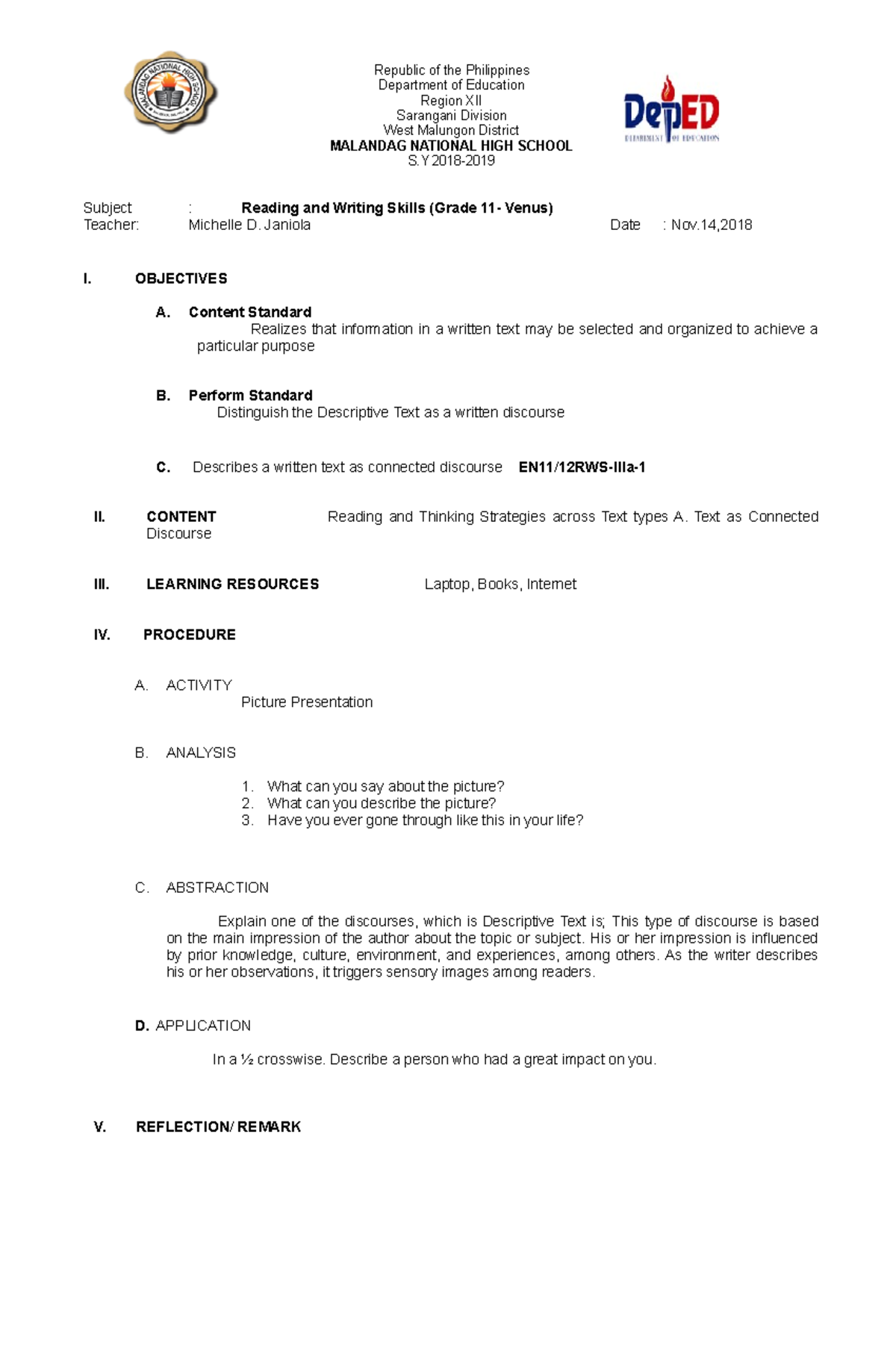 LESSON PLAN- READING AND WRITING DAY4 - Republic of the Philippines ...