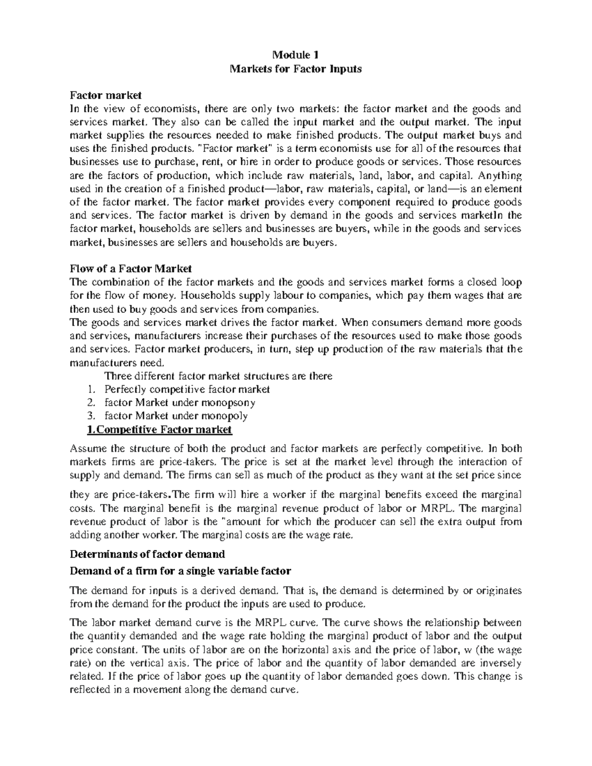Chapt I Factor market - Module 1 Markets for Factor Inputs Factor ...