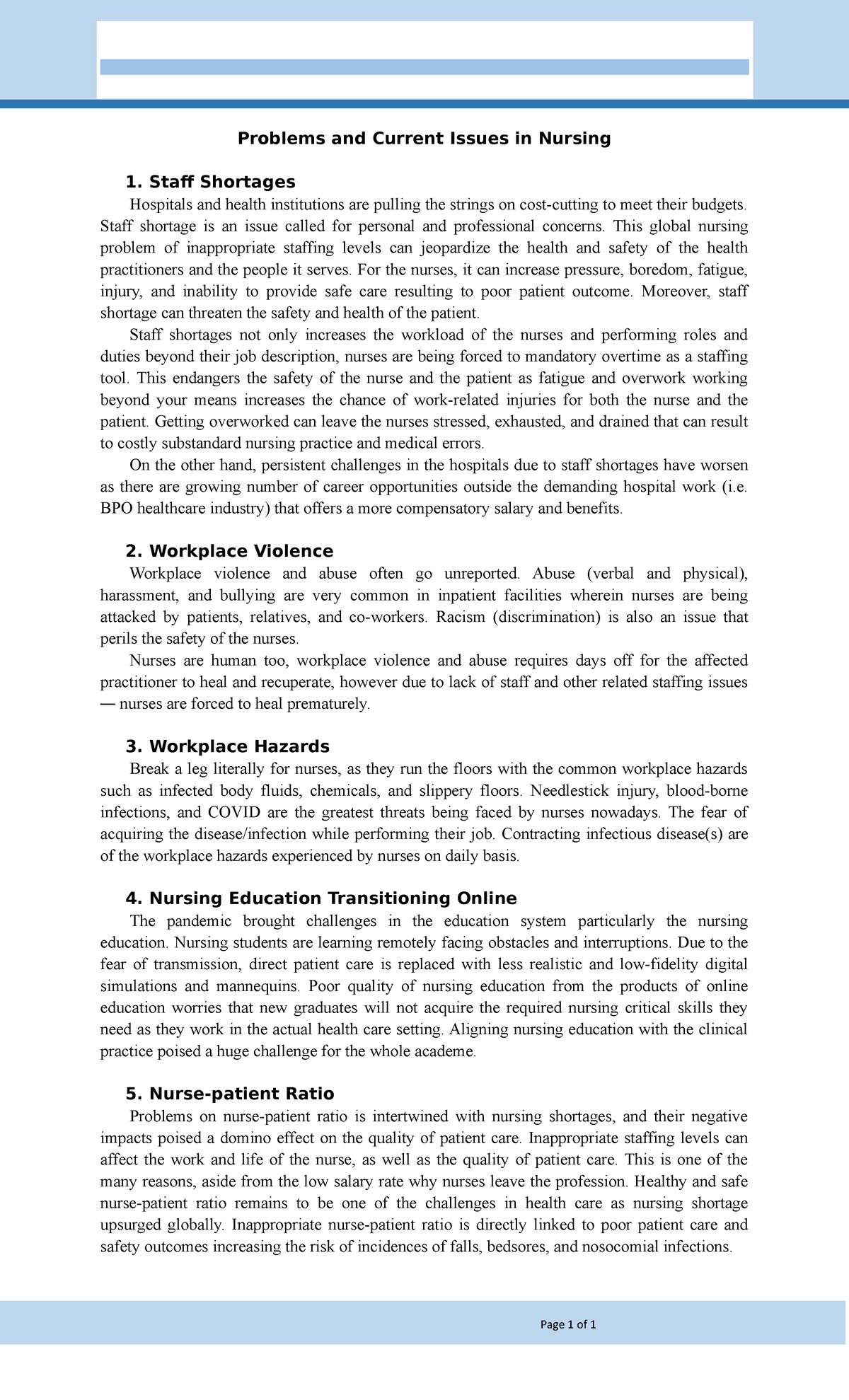 5 Nursingissues& Problems - Problems and Current Issues in Nursing 1 ...