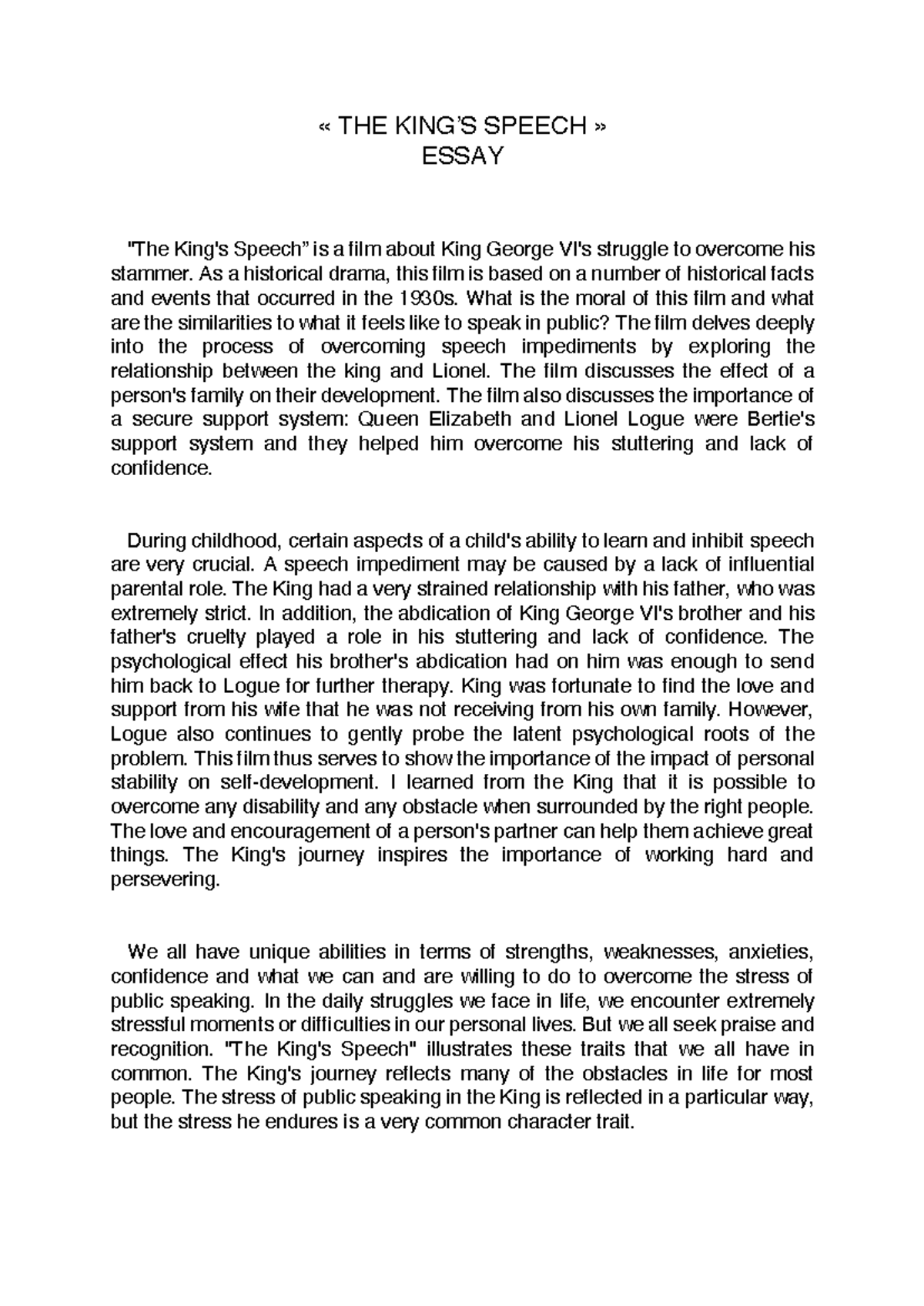 "THE KING'S Sppeech" Essay - « THE KING’S SPEECH » ESSAY "The King's ...