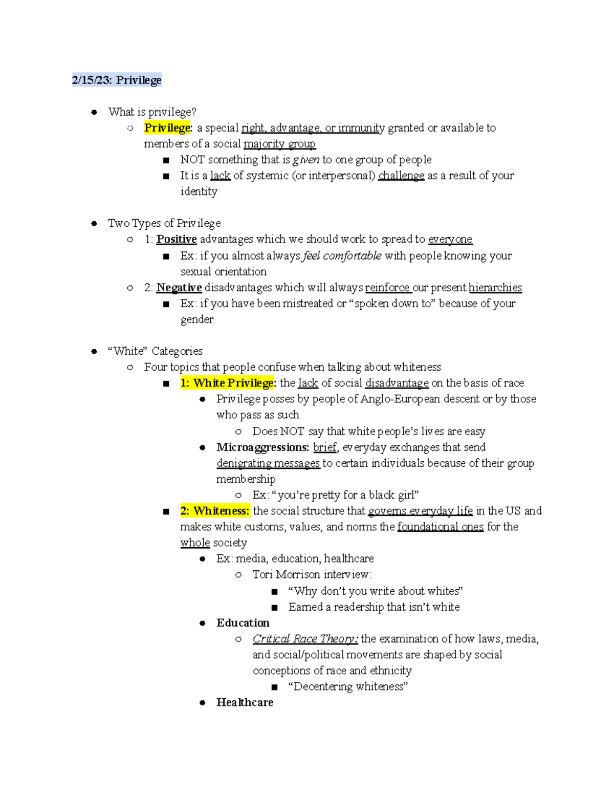 Lecture 8 Soc Notes - 2/15/23: Privilege What is privilege? Privilege ...