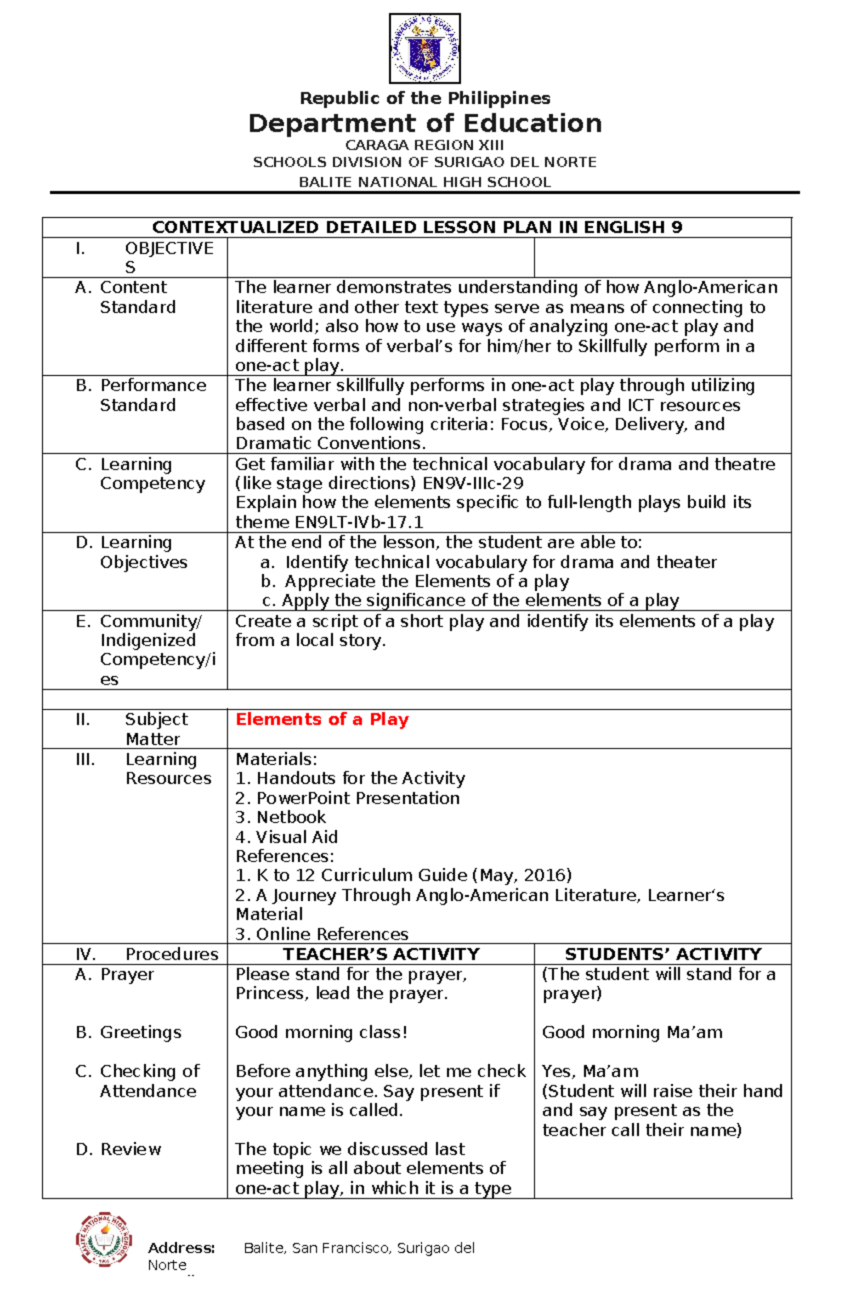 Detailed lesson plan for elements of play - Address: Balite, San ...