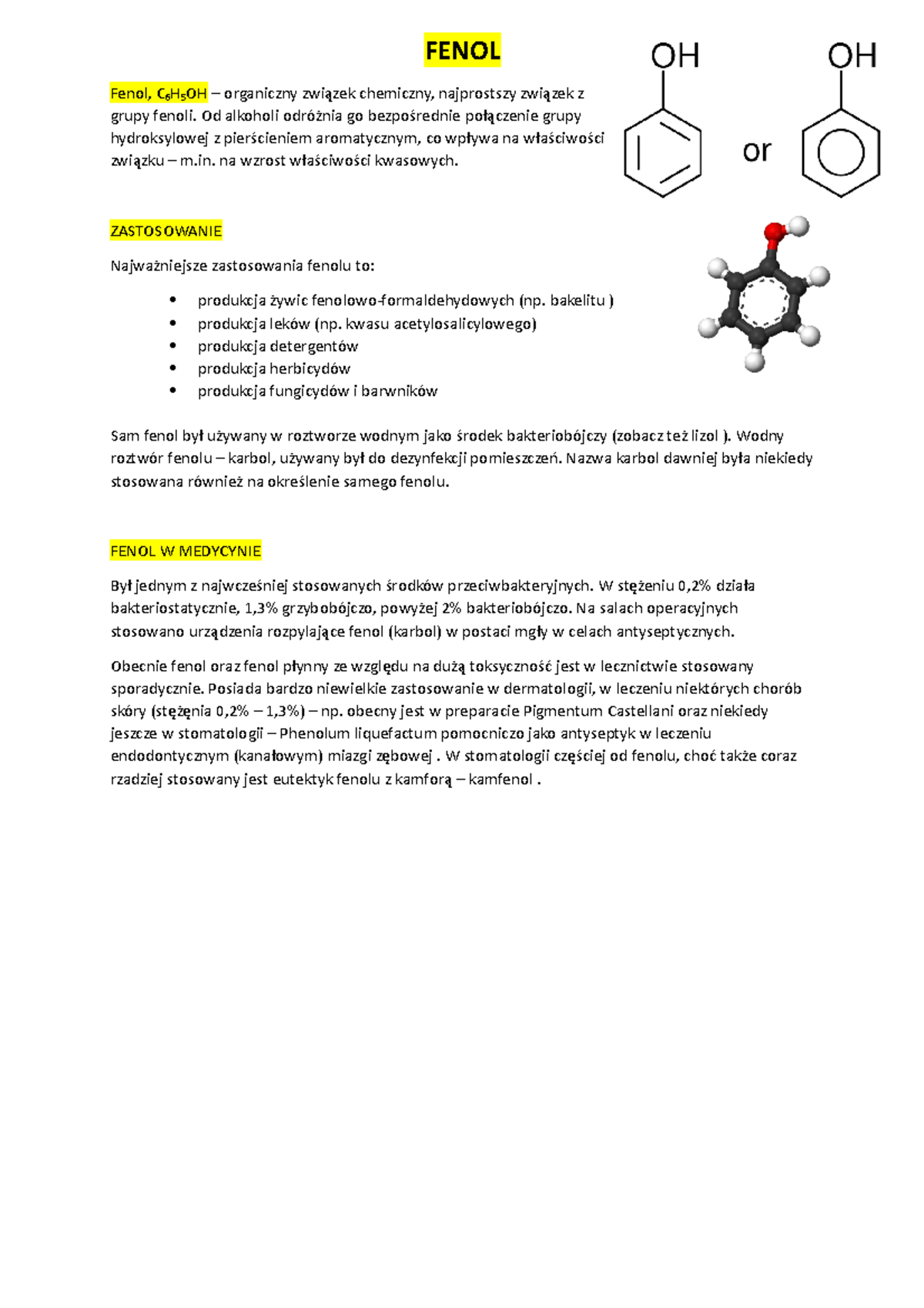 Fenole - FENOL Fenol, C 6 H 5 OH – organiczny związek chemiczny ...
