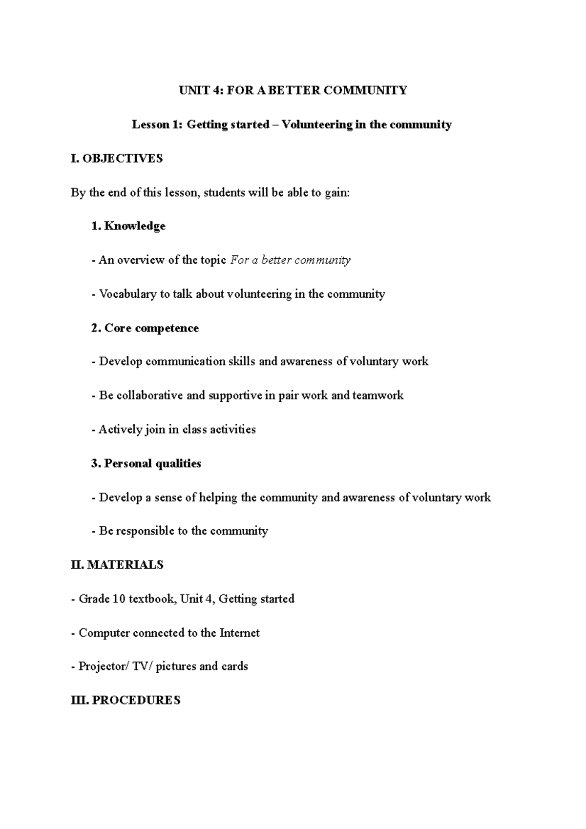 Unit 4 Getting started - UNIT 4: FOR A BETTER COMMUNITY Lesson 1 ...