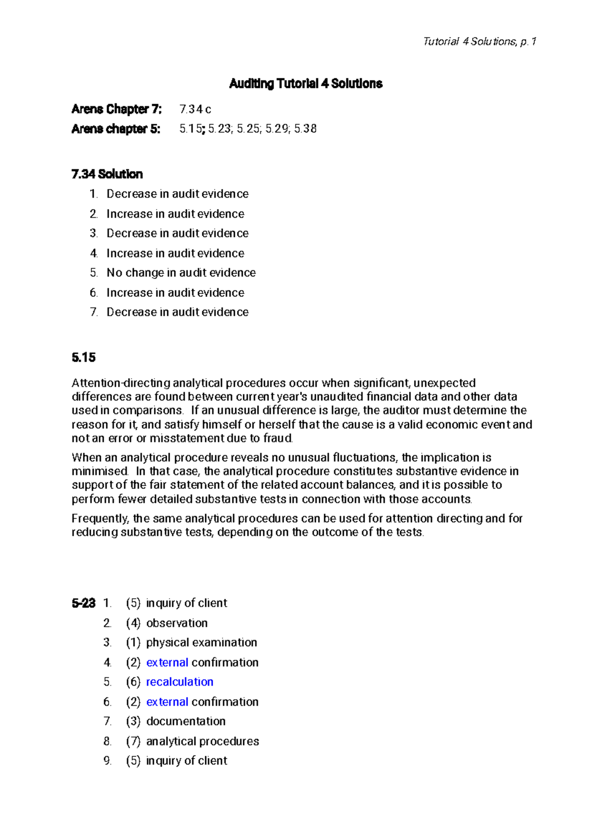 2024-1 Audit 04 T Sol - Auditing Tutorial 4 Solutions Arens Chapter 7: 7 c Arens chapter 5: 5; 5 ...