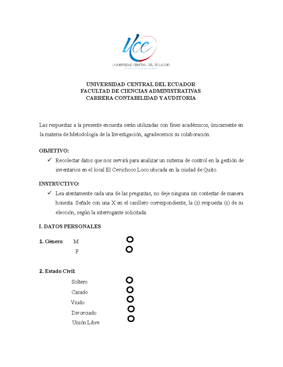 Encuesta trabajo grupal - UNIVERSIDAD CENTRAL DEL ECUADOR FACULTAD DE ...