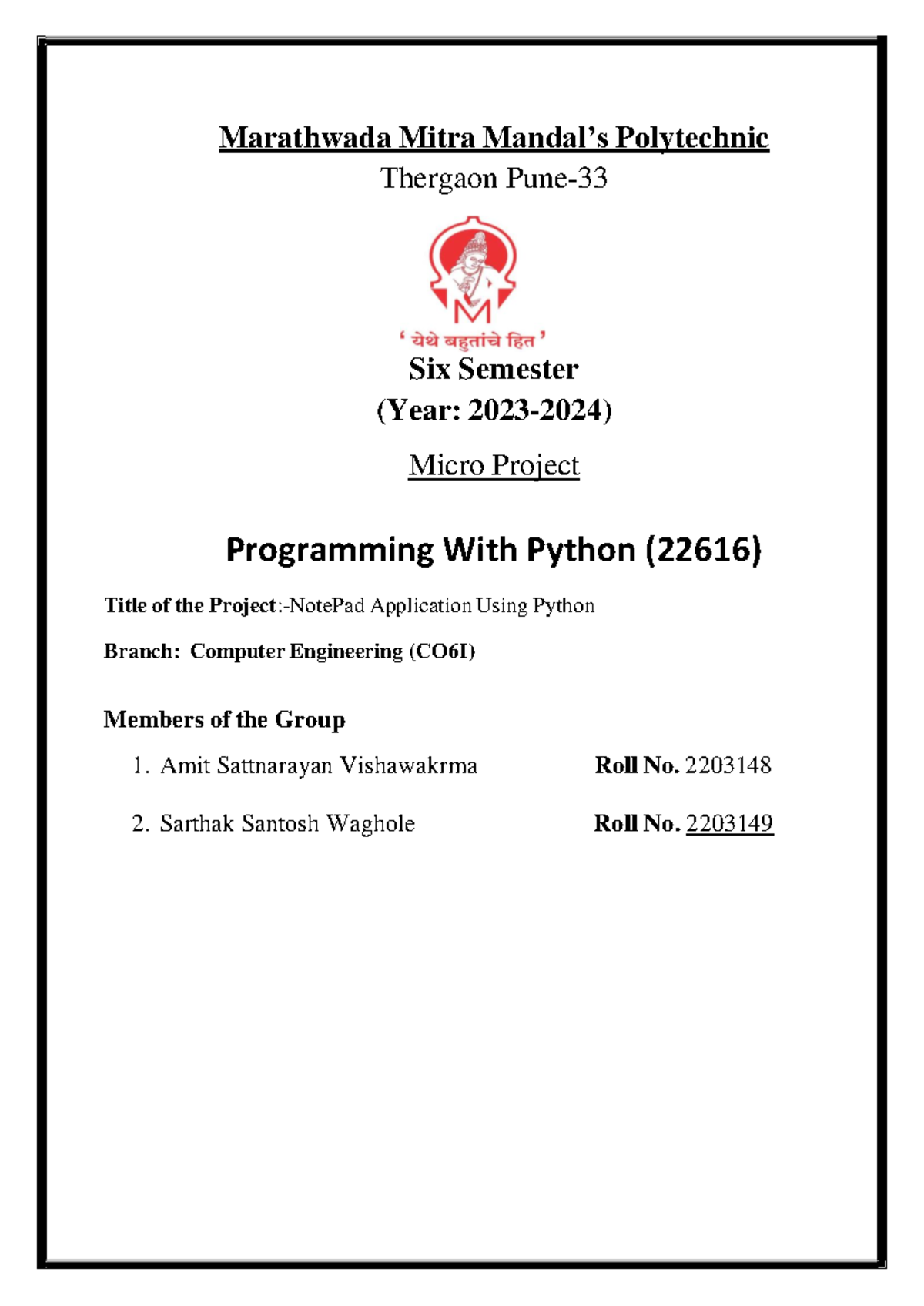 PYthon CO-6I - Marathwada Mitra Mandal’s Polytechnic Thergaon Pune- Six ...