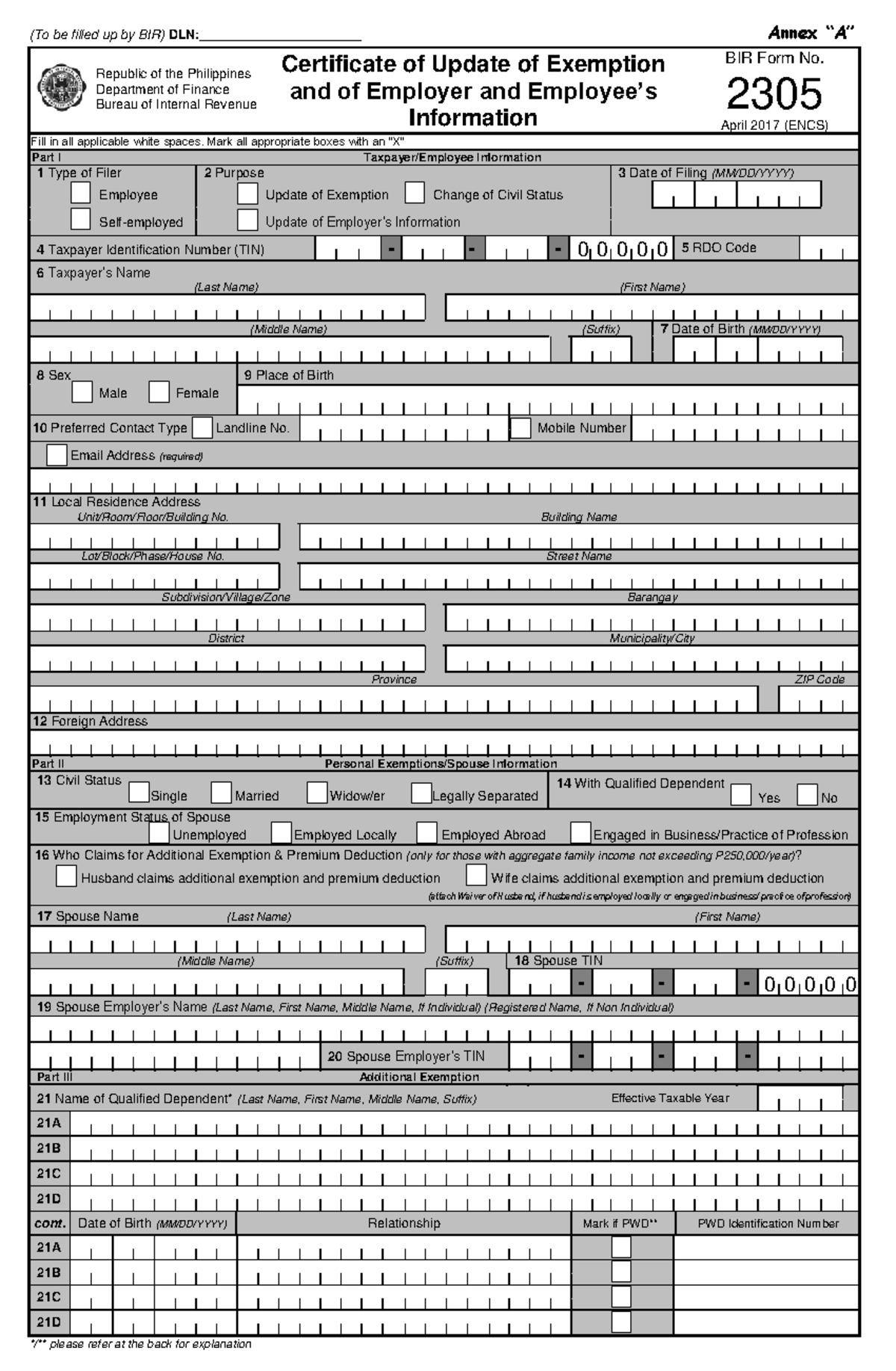 BUREAU OF INTERNAL REVENUE FORM - 2305 EMPLOYEES FOR ELECTRONIC FILLING ...