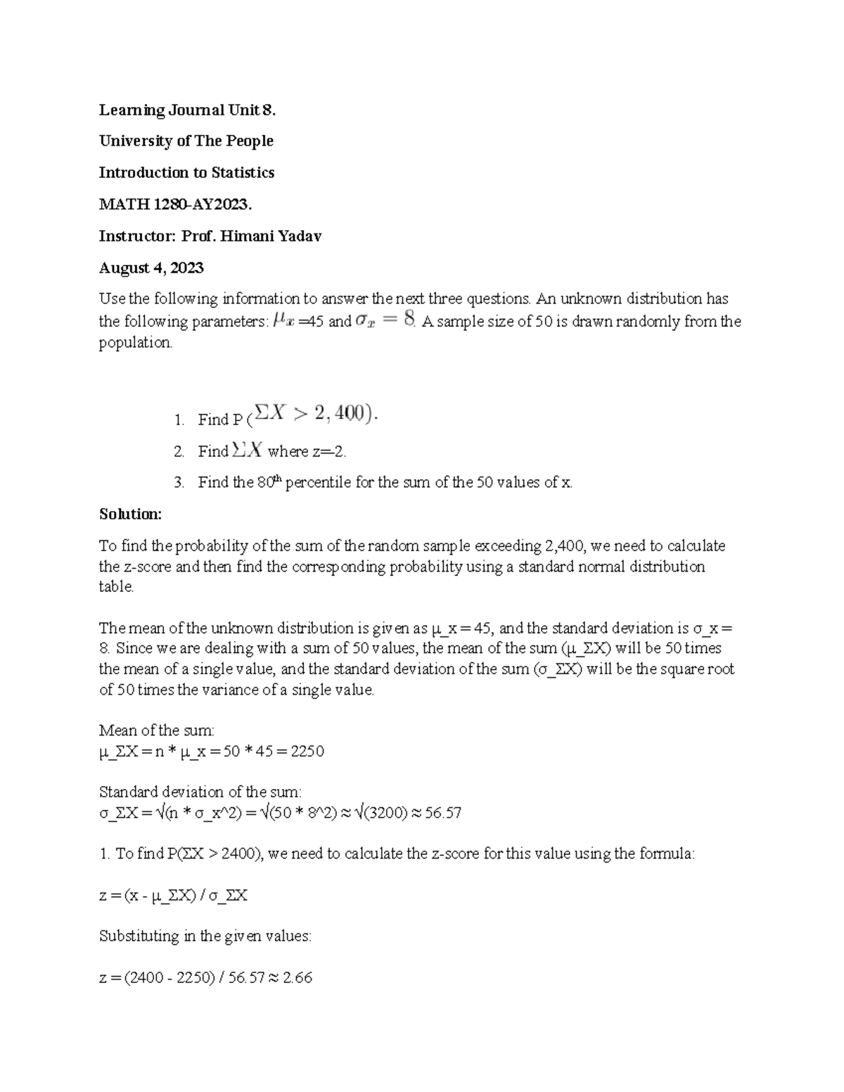 Learning Journal Unit 8 - University of The People Introduction to Statistics MATH 1280-AY2023 ...