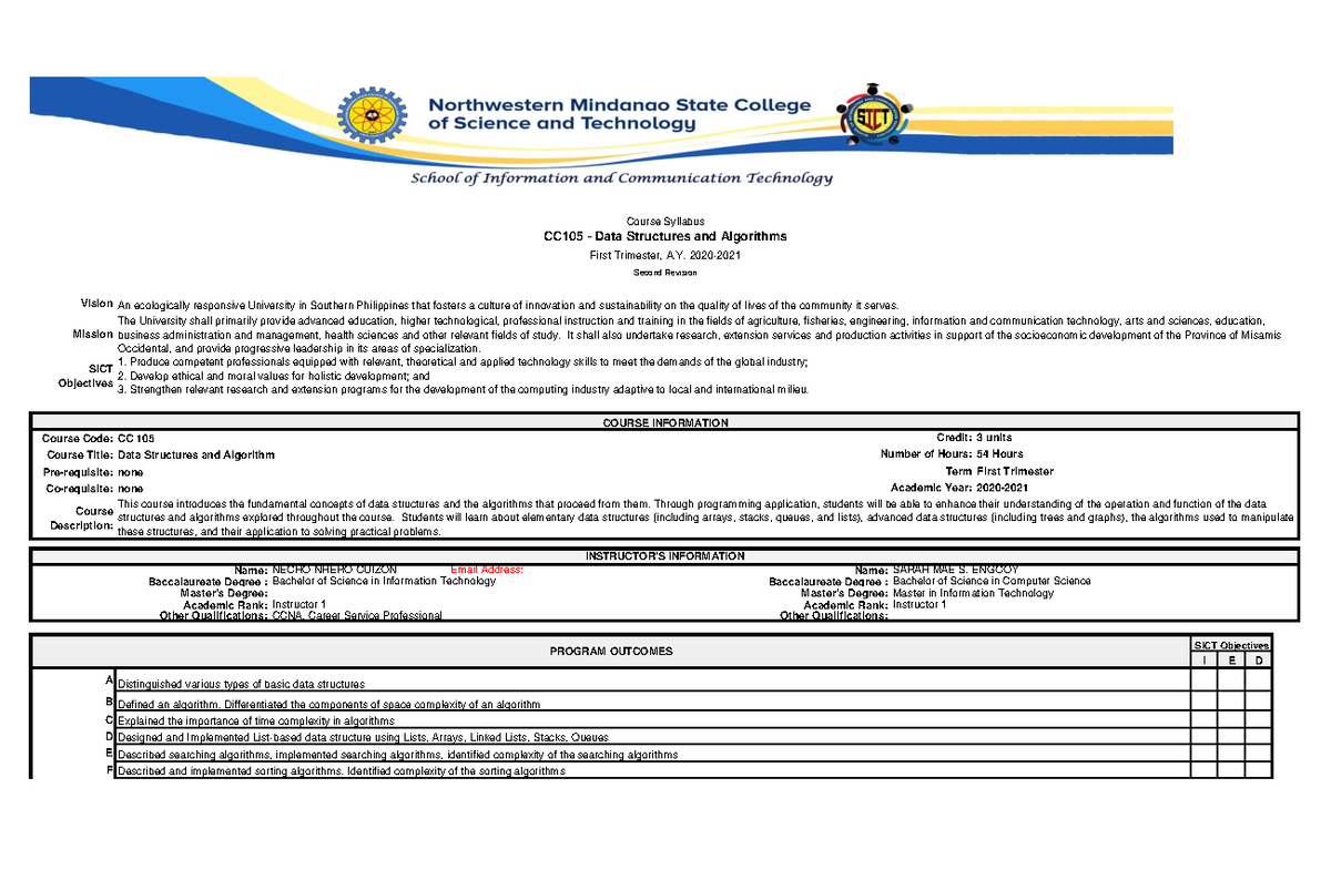 CC105 Data Structure and Algorithms Syllabus - Vision Mission SICT ...