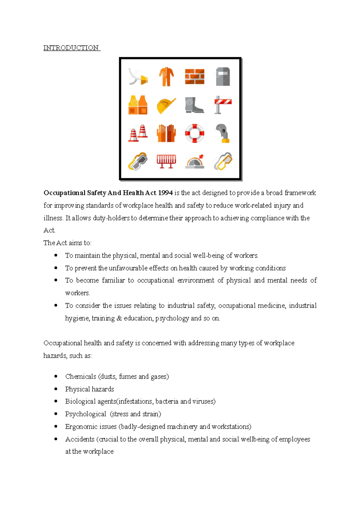 OSHA - OCCUPATIONAL SAFETY AND HEALTH INTRODUCTION - INTRODUCTION ...