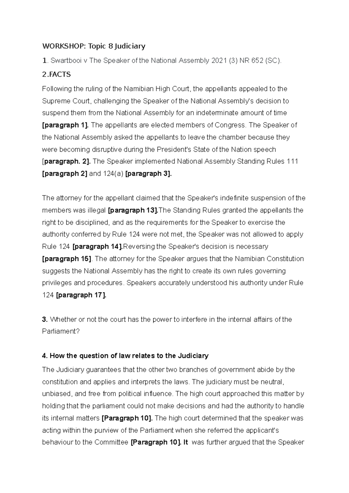 Workshop 8 Judiciary - WORKSHOP: Topic 8 Judiciary Swartbooi v The ...