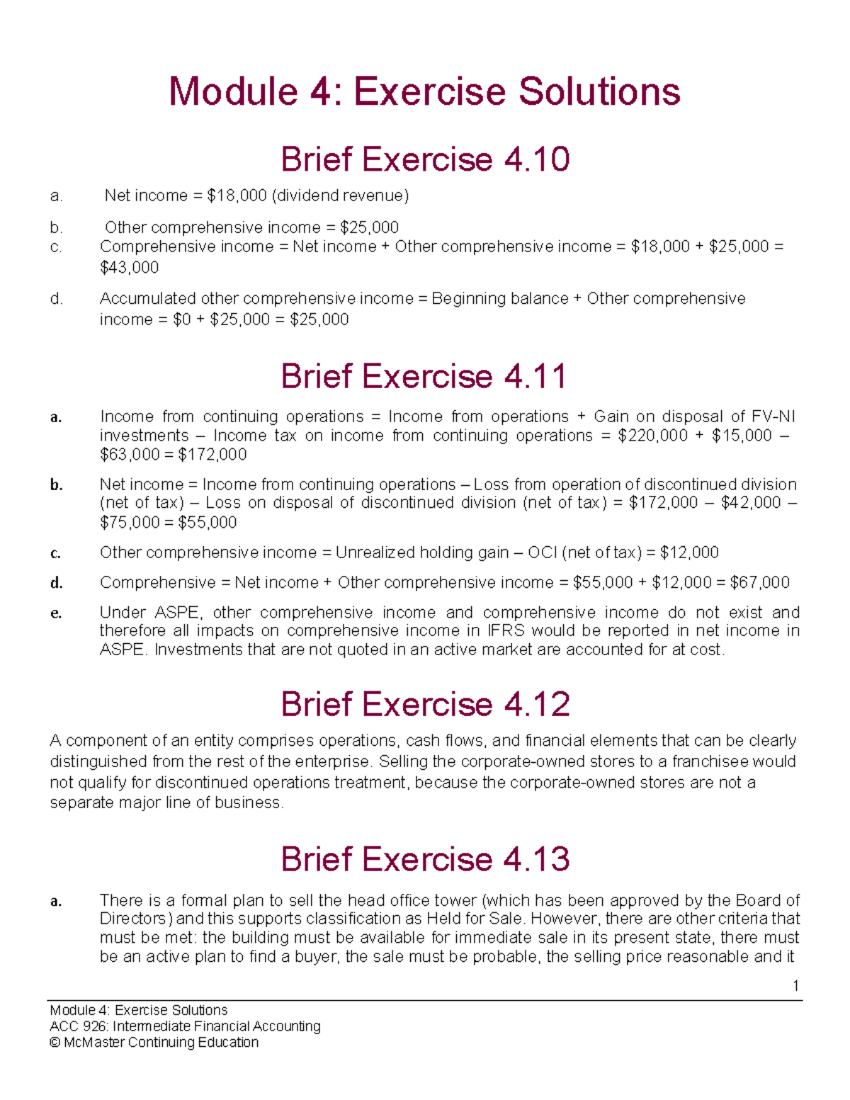 Module 4 Exercise Solutions - Module 4: Exercise SolutionsACC 926: Intermediate Financial ...