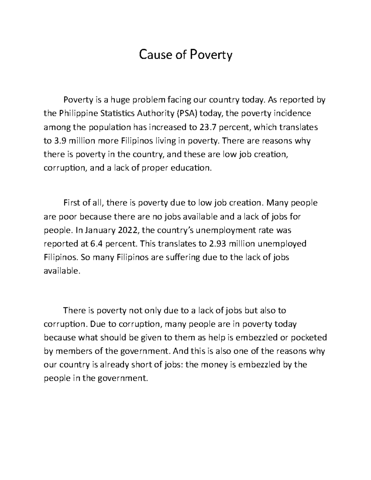 Essay 3rd grading p 1 - Cause of Poverty Poverty is a huge problem ...