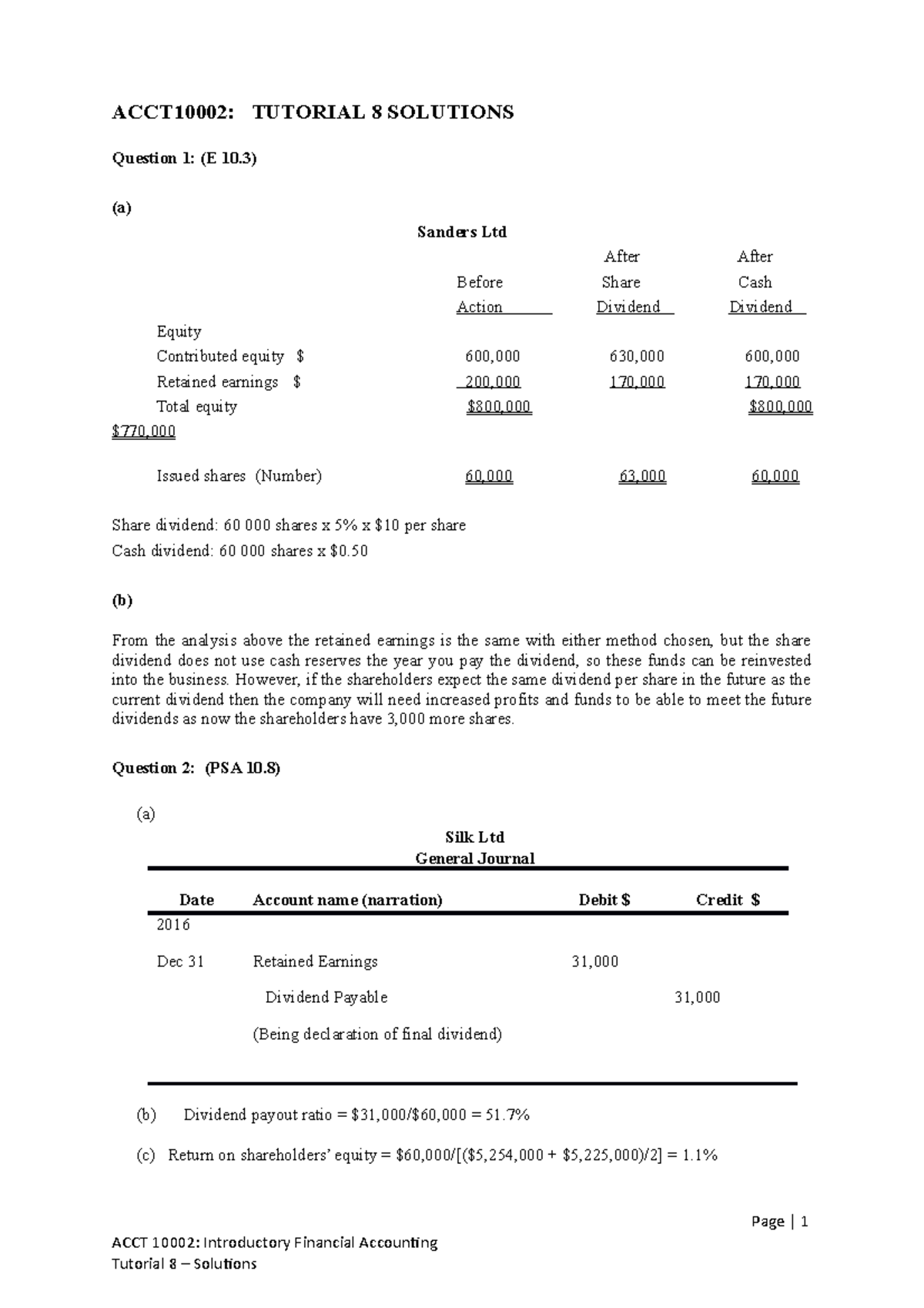 Tutorial 8 - ACCT10002: TUTORIAL 8 SOLUTIONS Question 1: (E 10) (a ...