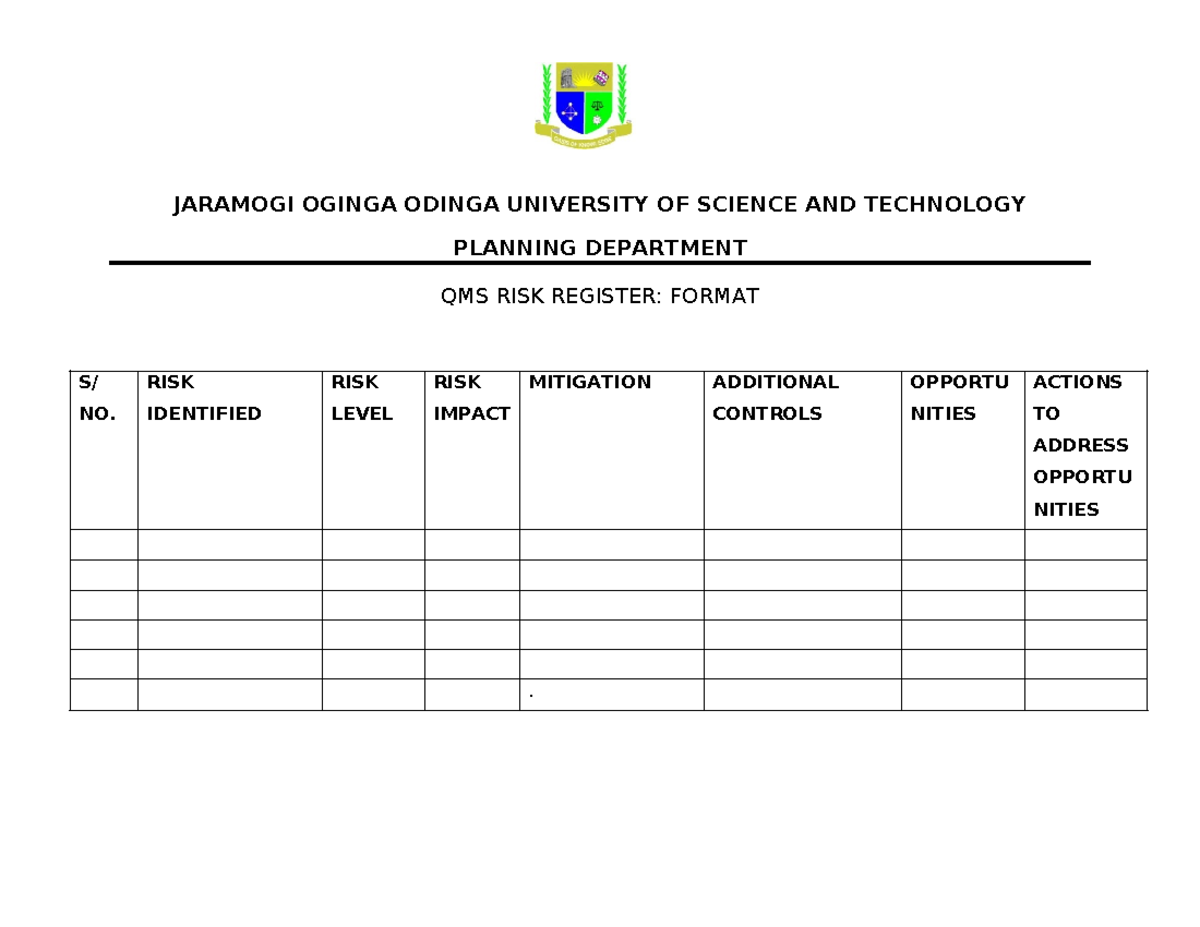 Risk Matrix Format - Community Health and Development - JARAMOGI OGINGA ...