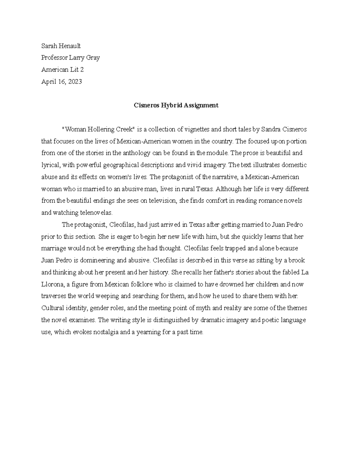 Sarah Henault - American Lit Cisneros Hybrid Assignment - Sarah Henault ...