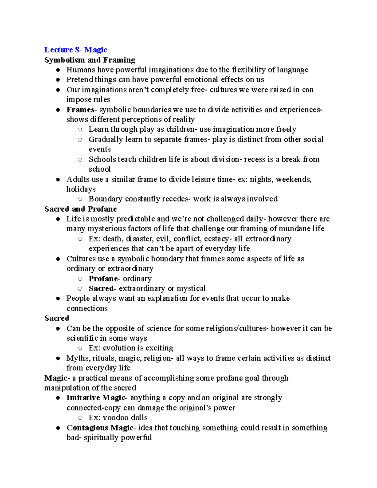 Anthro 111 Midterm Notes Part Ii Lecture 8 Magic Symbolism And Framing Humans Have Powerful 
