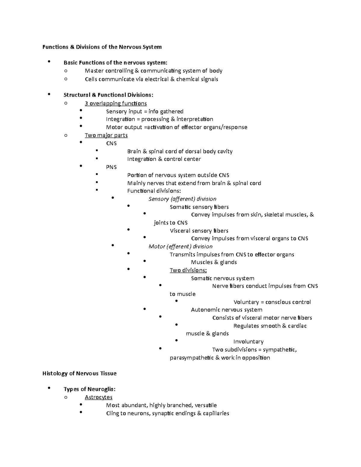 Nervous Tissue - Lecture notes 7 - Functions & Divisions of the Nervous ...