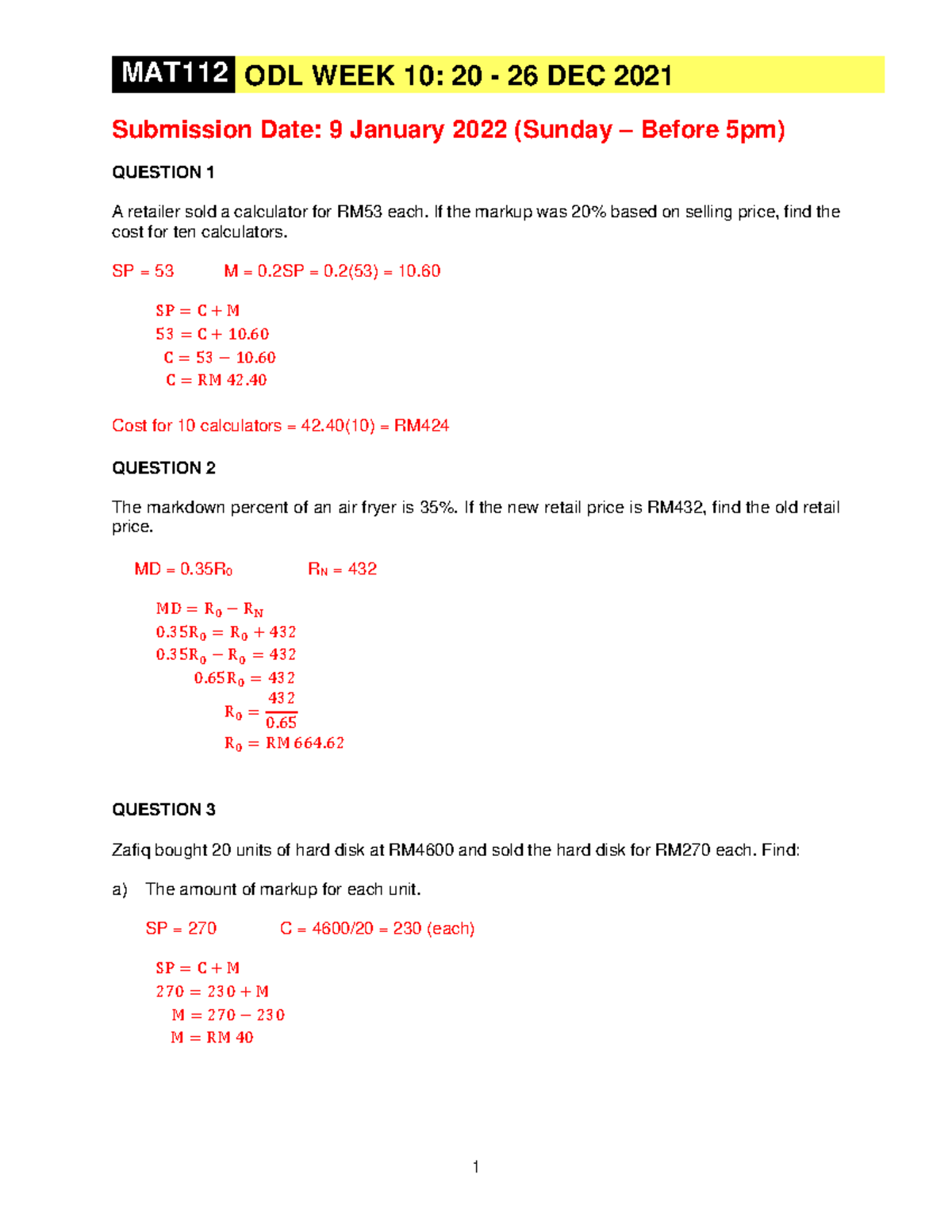 Answer MAT112 ODL4 Tutorial Week 10 - Submission Date: 9 January 2022 (Sunday – Before 5pm ...